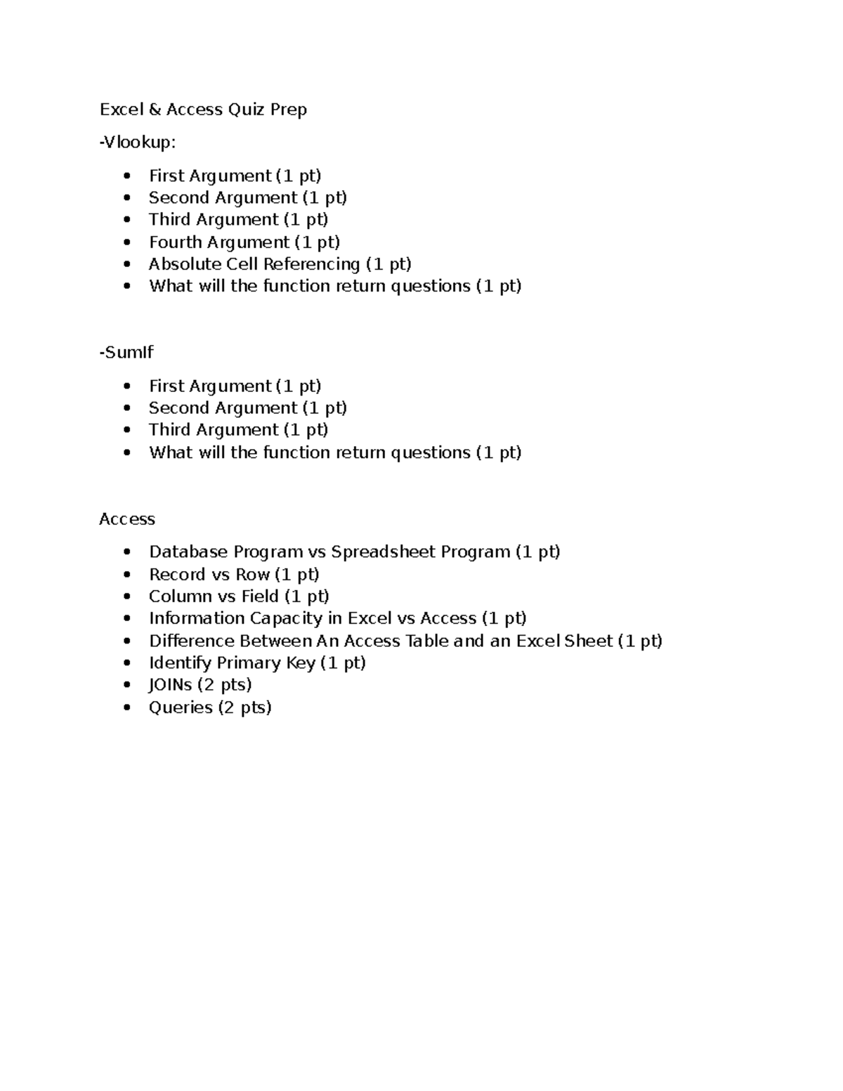 Excel & Access Quiz Prep: Key Functions & Concepts Review - Studocu