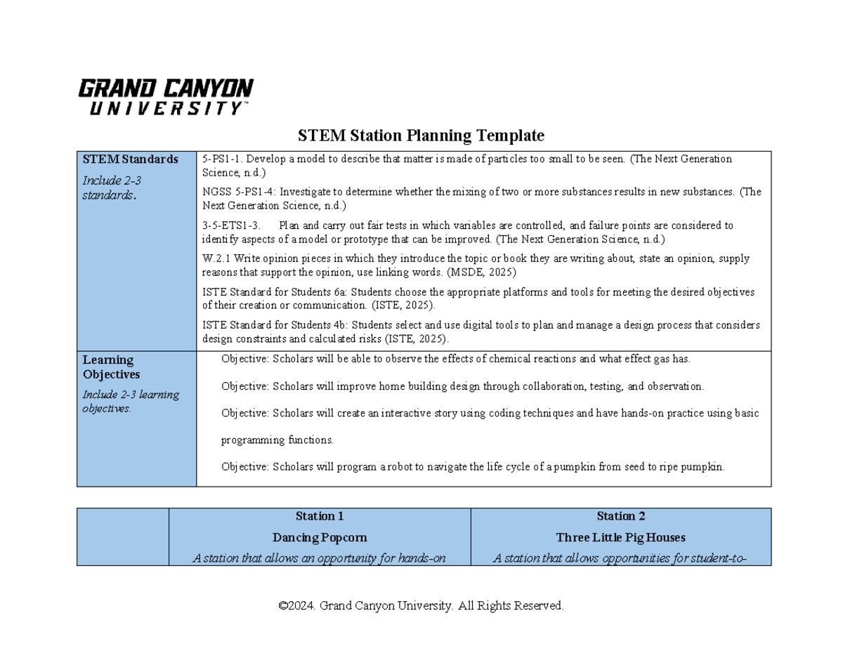 ELM-463-RS-T5: STEM Station Planning Template and Learning Objectives - Studocu
