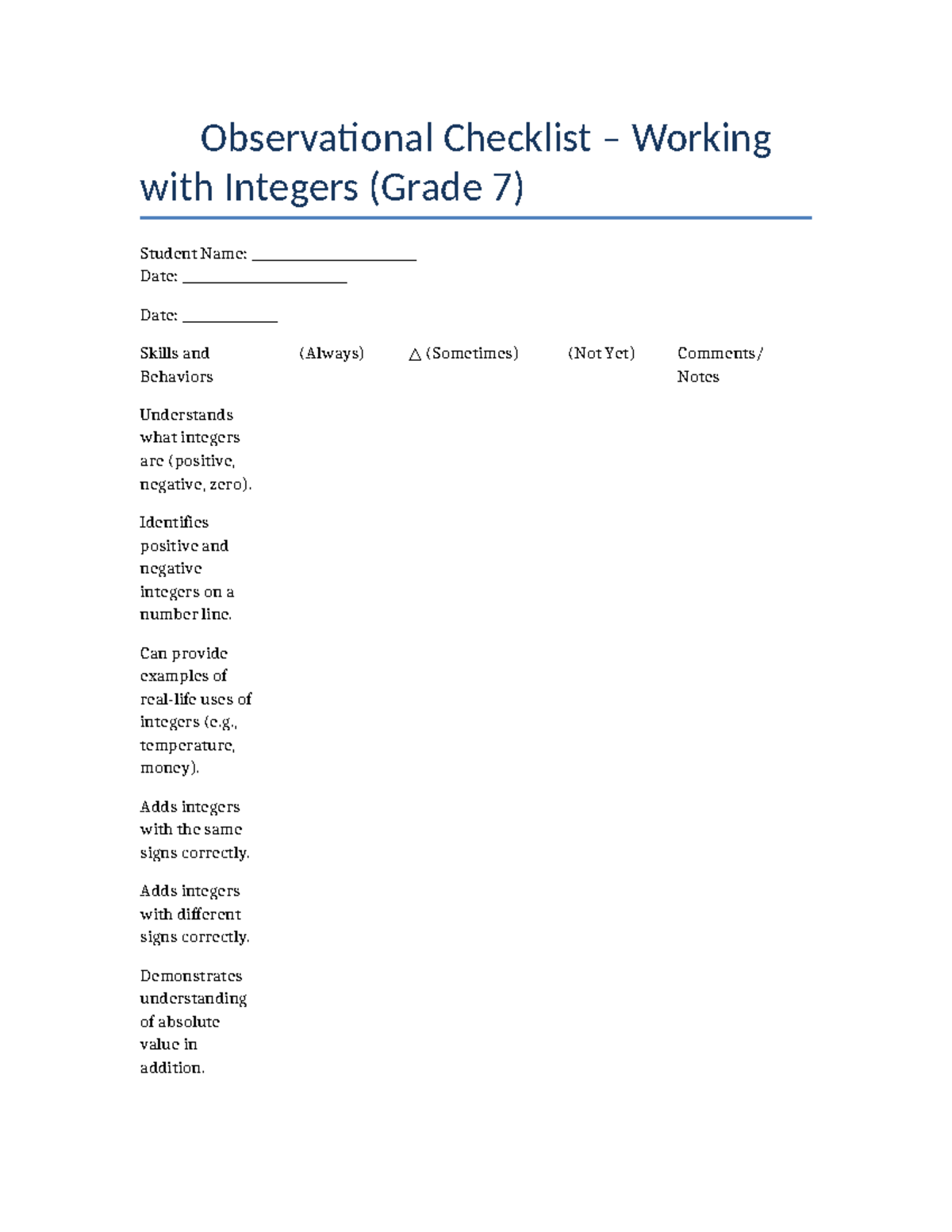 Grade 7 Observational Checklist for Working with Integers - Studocu