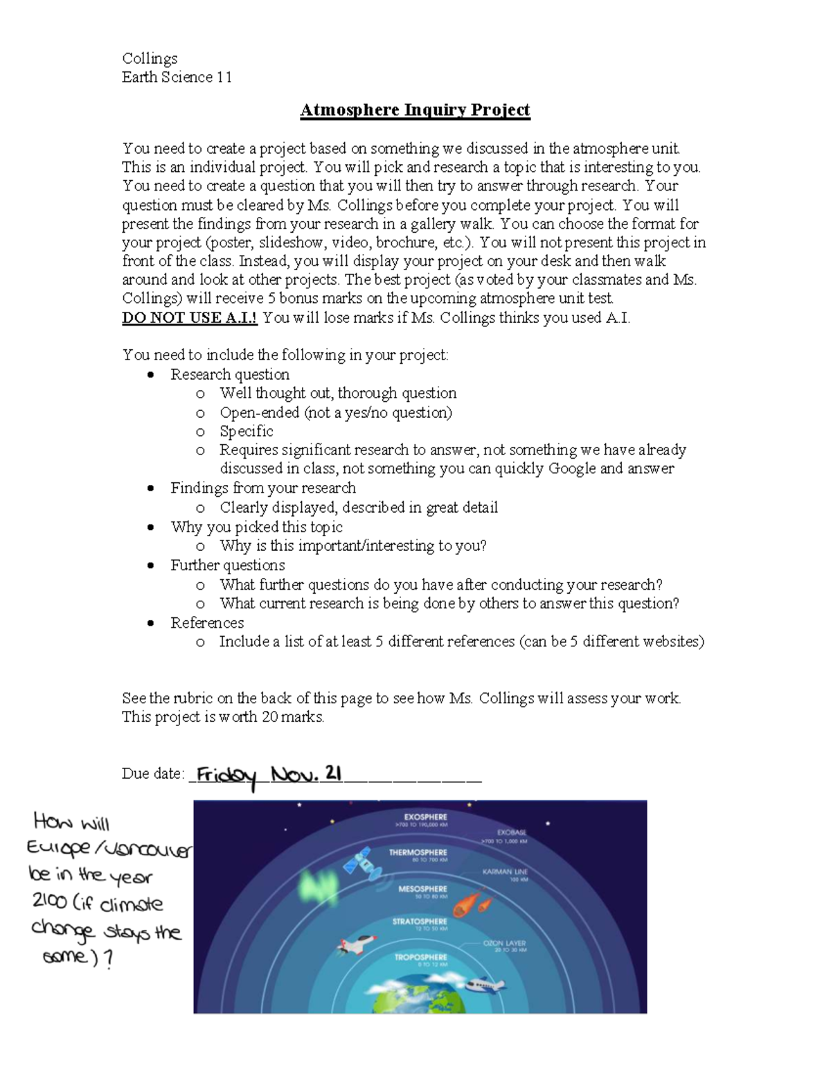 Collings Earth Science 11: Atmosphere Inquiry Project Guide - Studocu