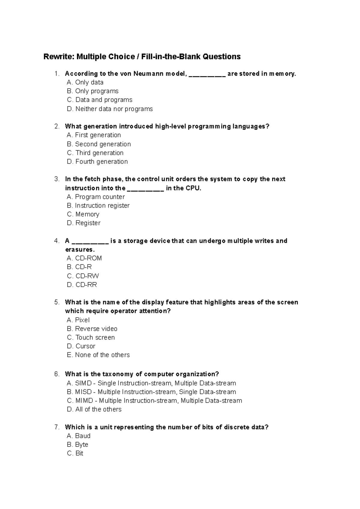 'CSI106 FA24 Final Exam Review: MCQ & Fill-in-the-Blank Questions ...