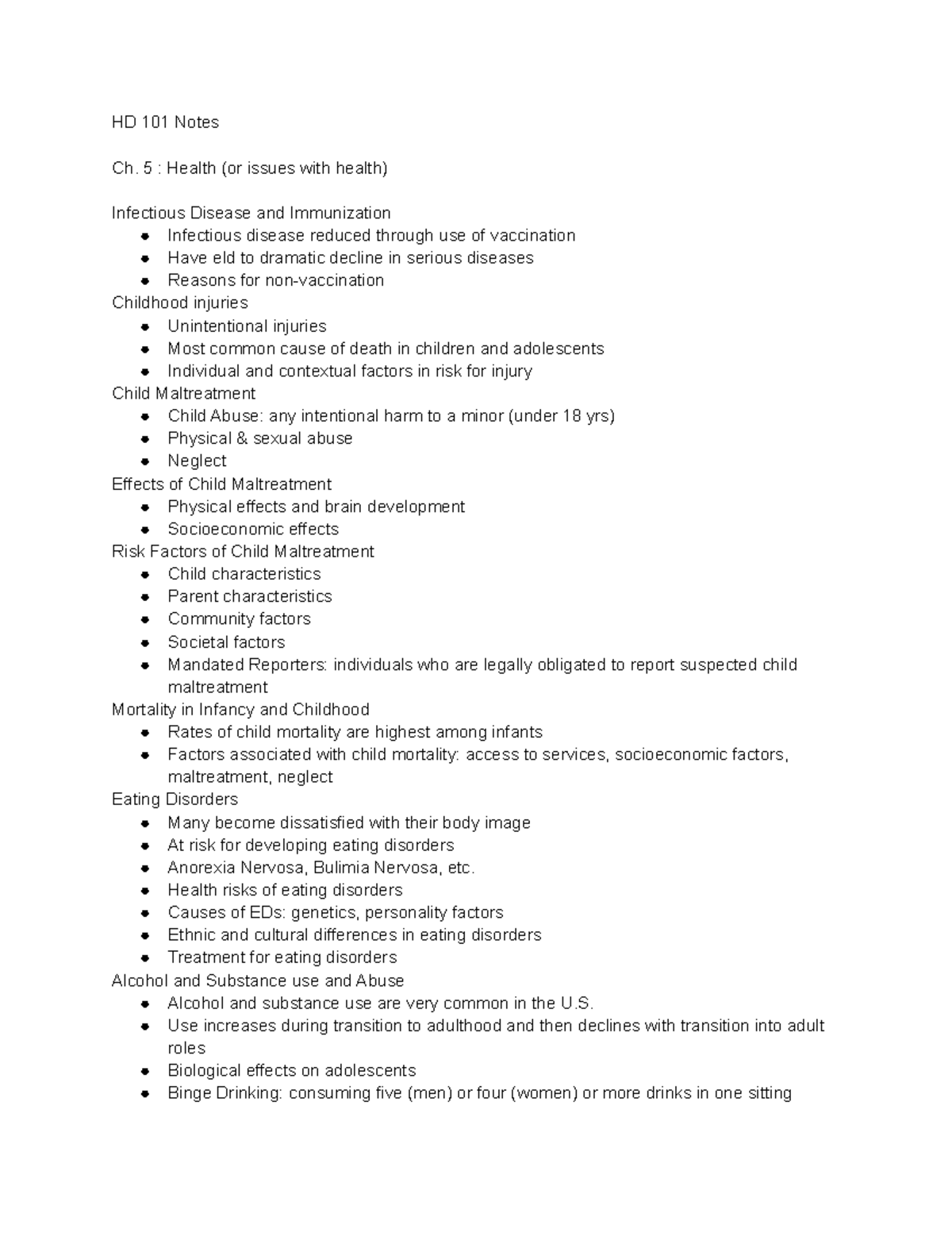 HD 101 Notes - HD 101 Notes Ch. 5 : Health (or issues with health ...
