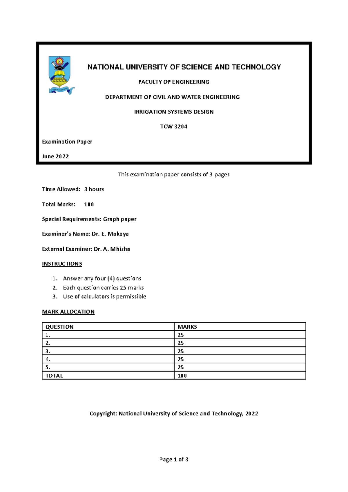 TCW 3204 Irrigation Systems Design Final Exam Paper June 2022 - Studocu