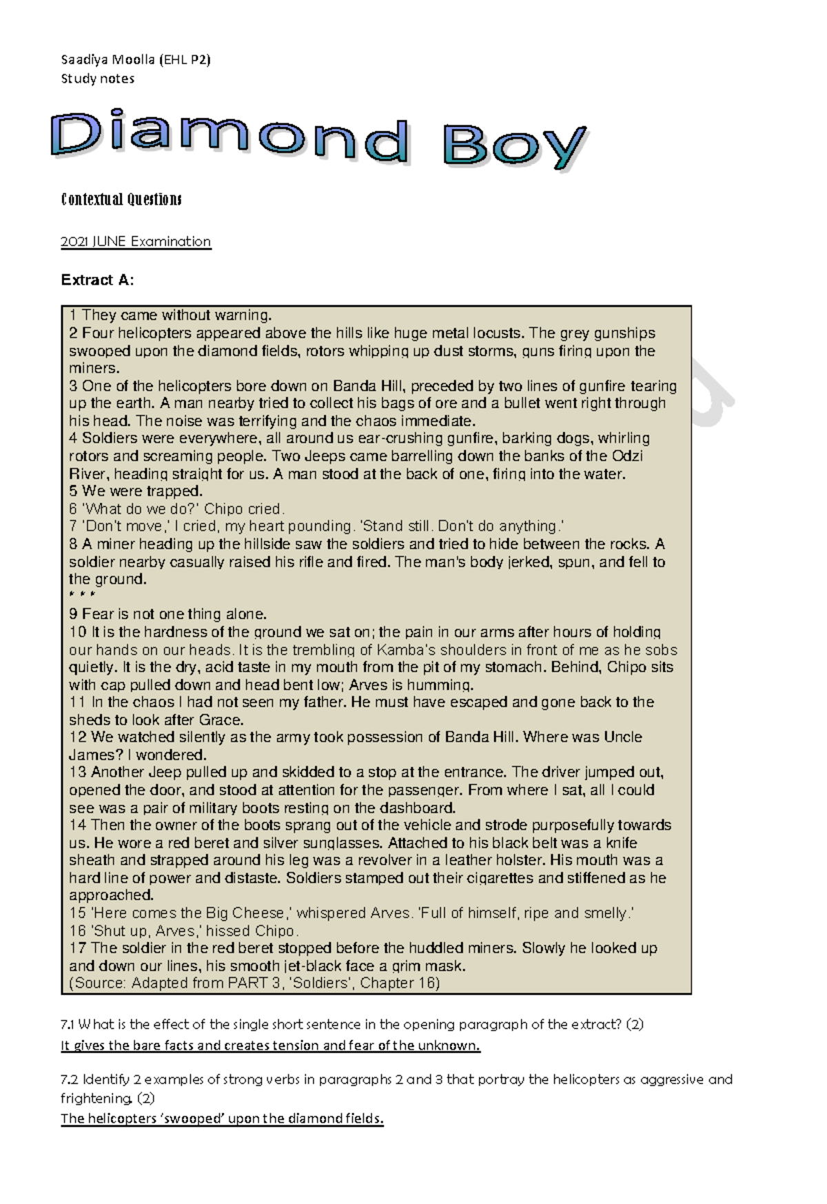Diamond Boy - Study notes Contextual Questions 2021 JUNE Examination ...