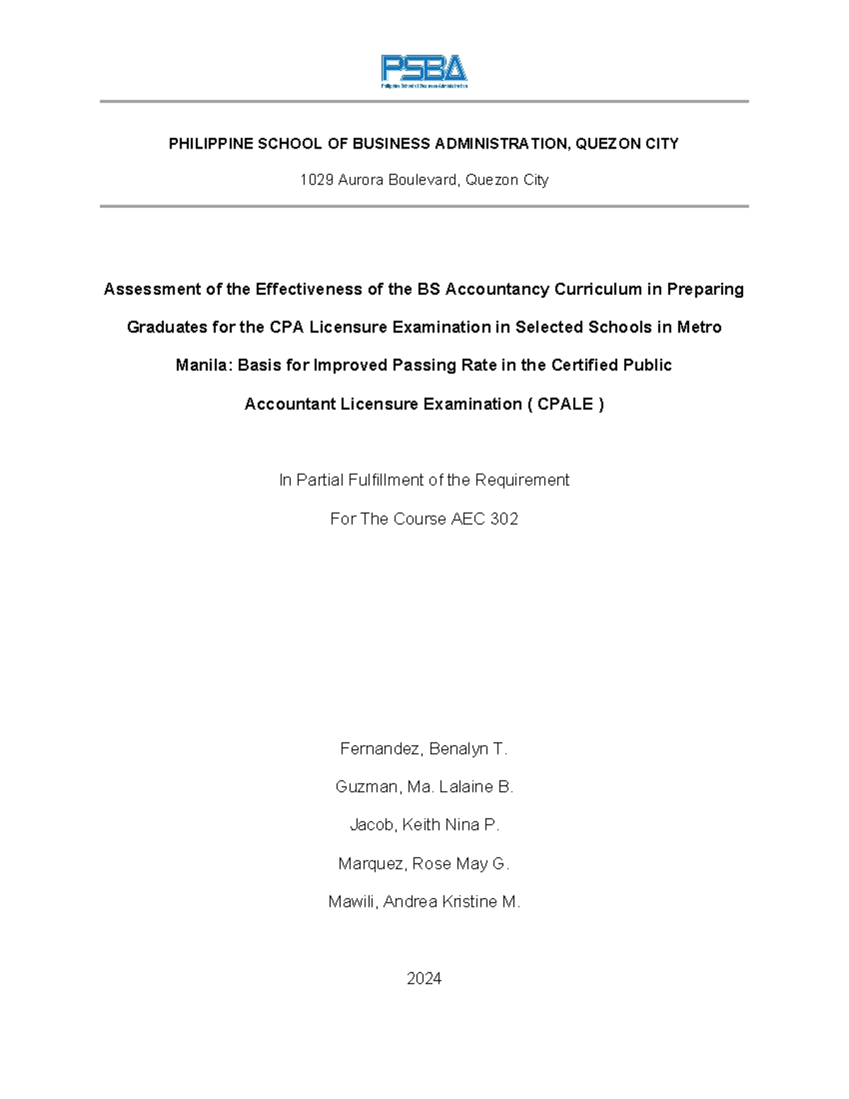 Assessment of BS Accountancy Curriculum for CPALE Success - AEC 302 ...