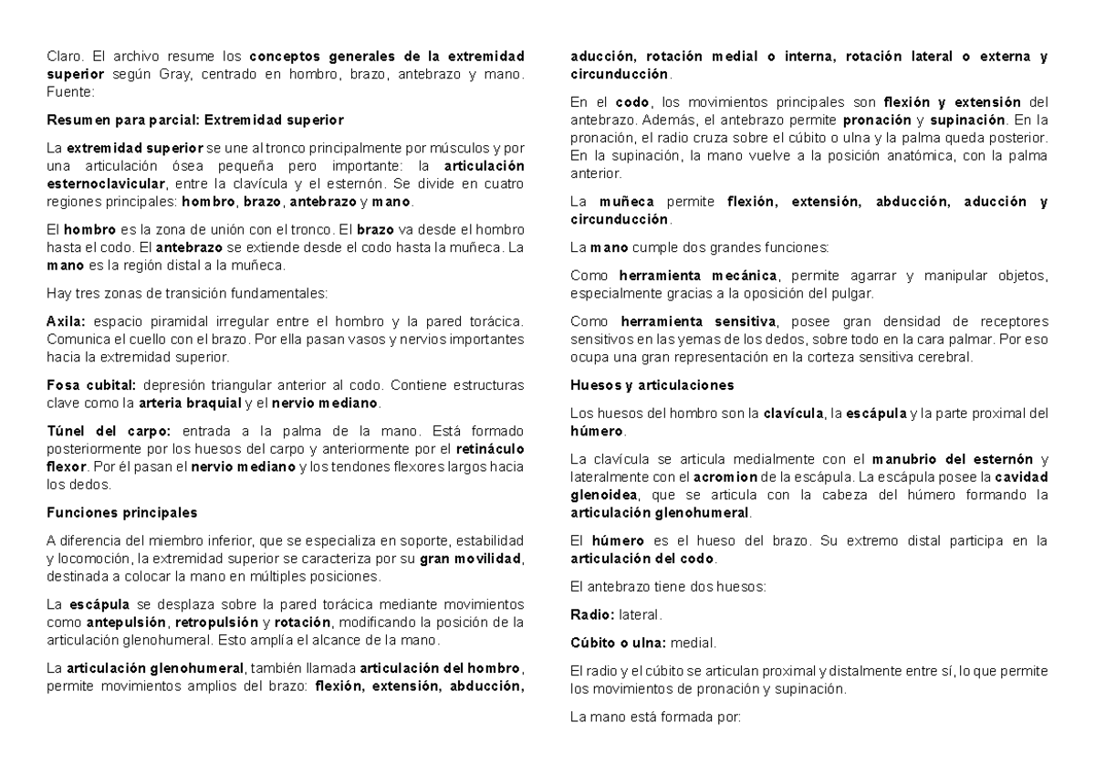 Resumen para Parcial: Anatomía del Miembro Superior (ANAT 101) - Studocu