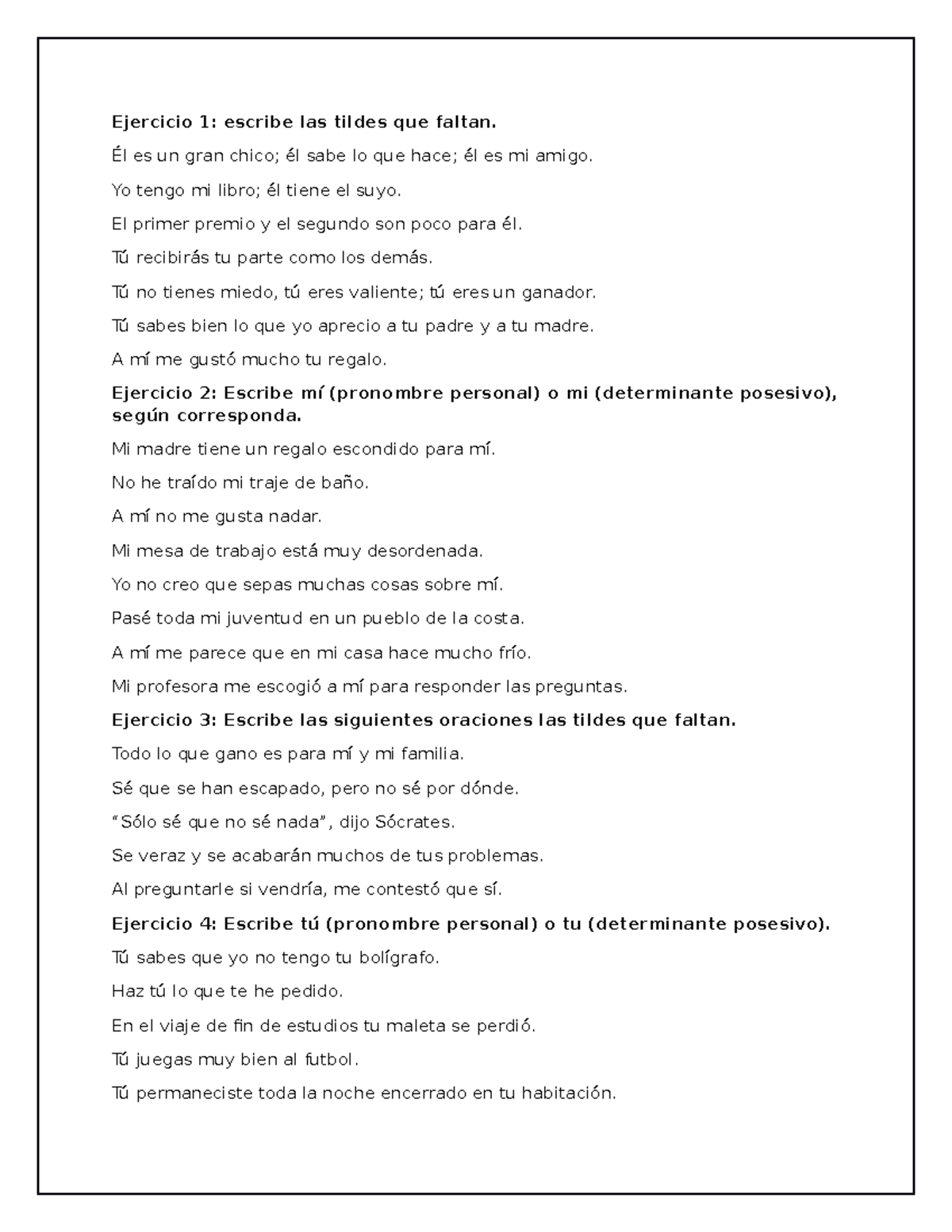 Ejercicios Prácticos sobre el Uso de las Tildes - Español 101 - Studocu