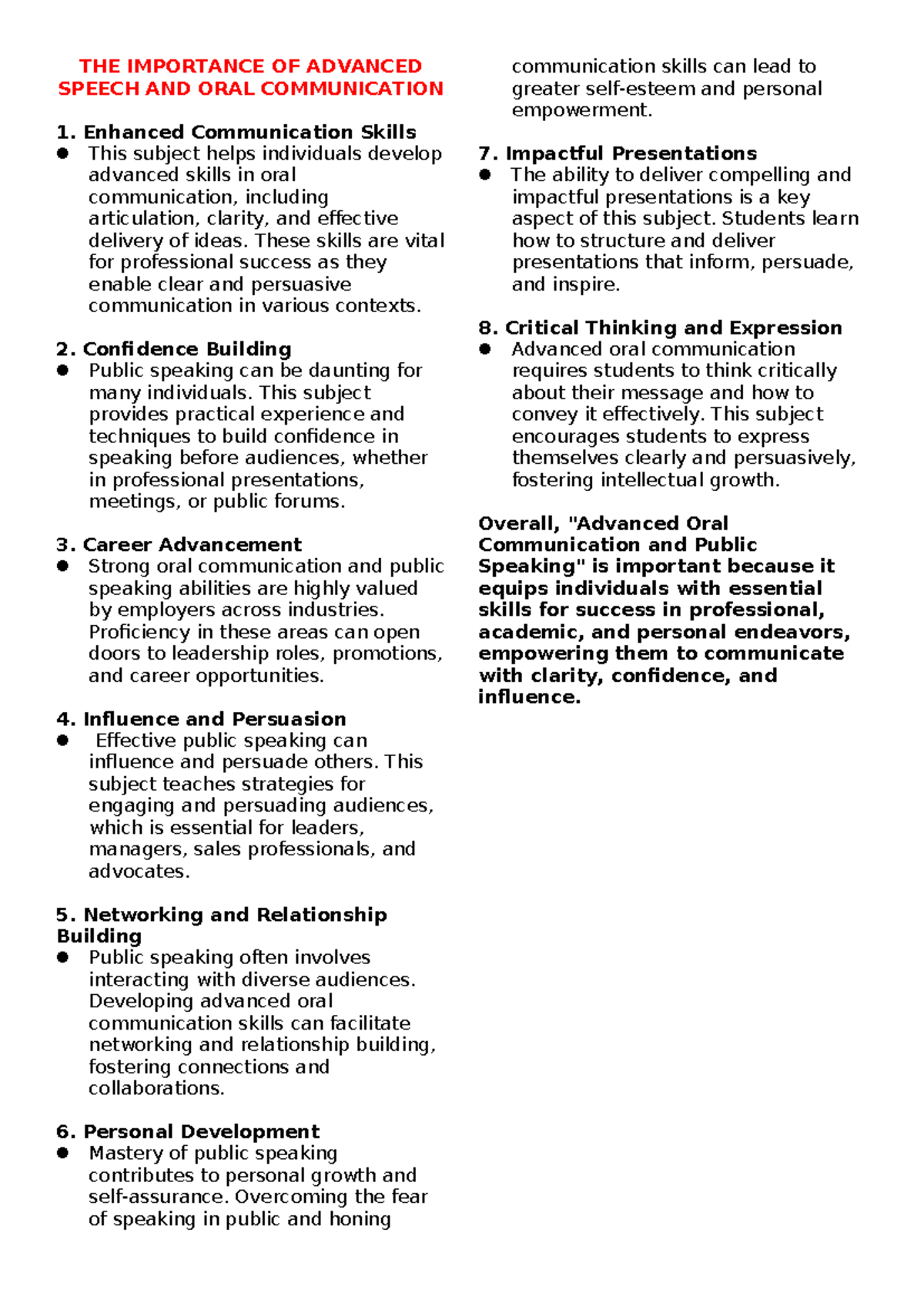ADV. Speech & Oral Comm: Skills for Success & Confidence - Studocu