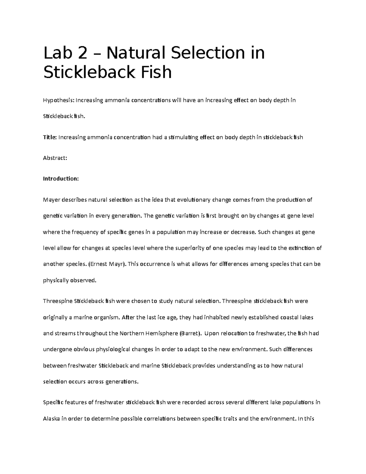 Biology 3T - Stickleback Fish Report - Lab 2 – Natural Selection in ...