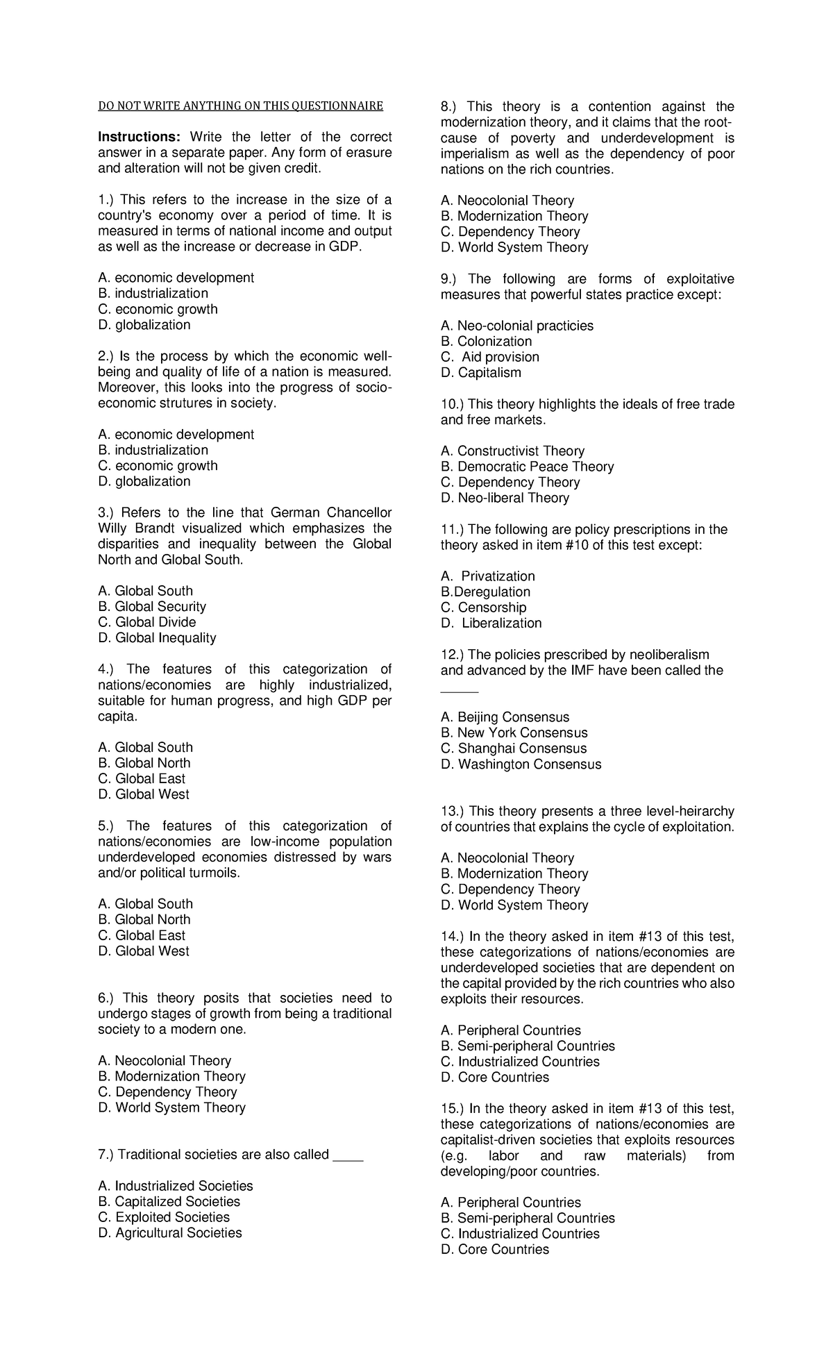 Development Quiz (Midterms) on Economic Theories and Concepts - Studocu