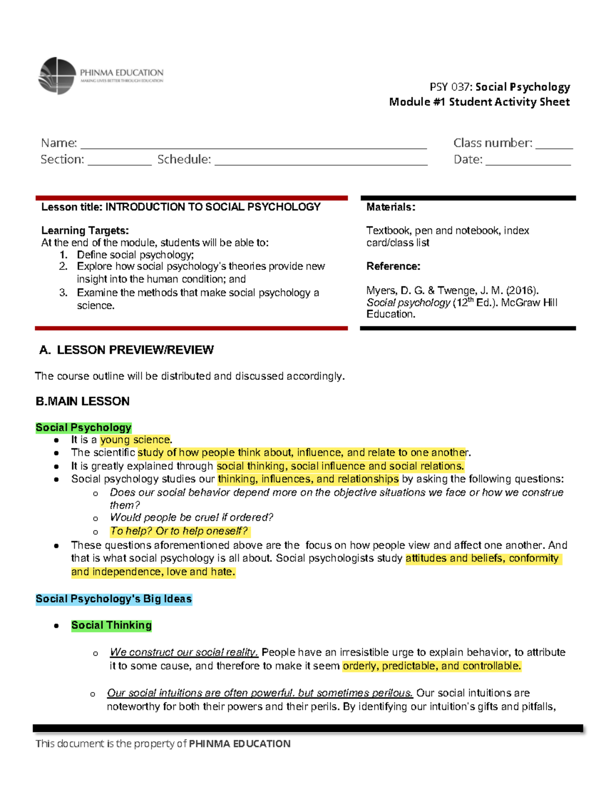 P1 - Module 1: Introduction to Social Psychology Activity Sheet - Studocu