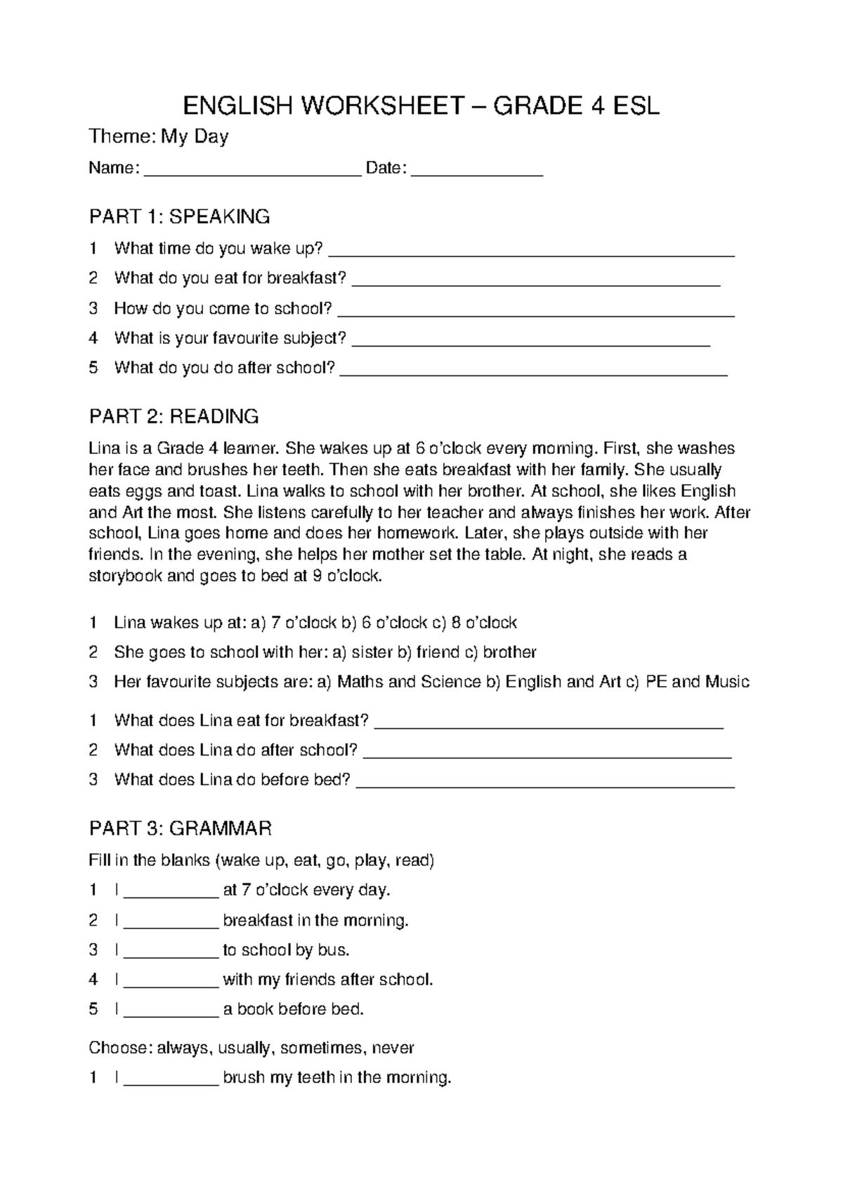 Grade 4 ESL Worksheet: My Day Activities and Exercises - Studocu