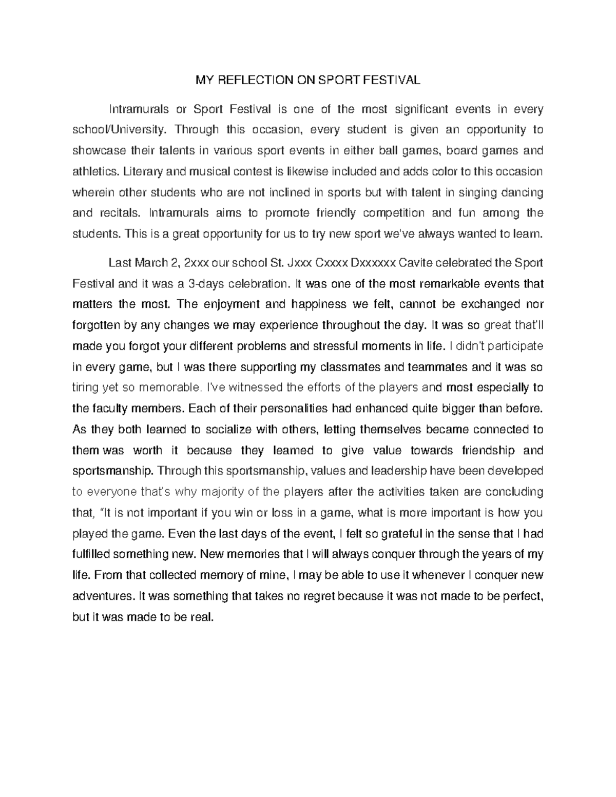 Reflection about Sport-fest - BS Psychology - Studocu