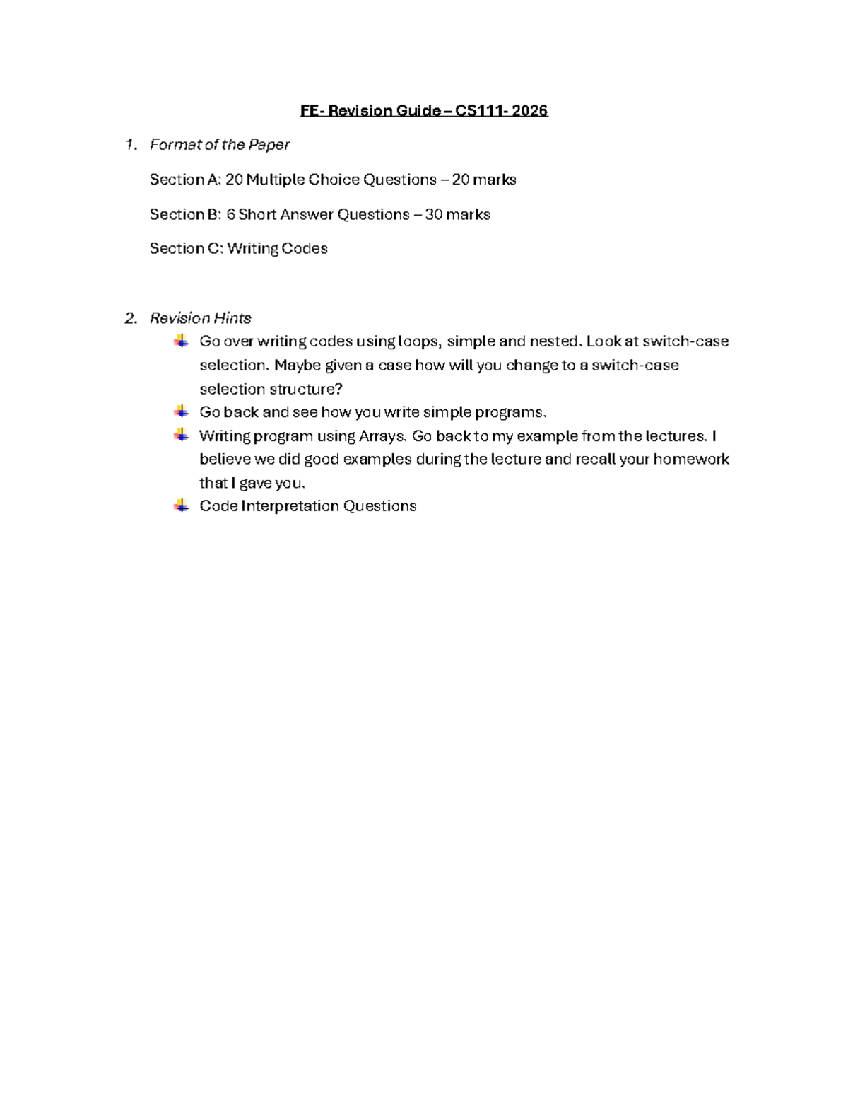 Revision Guide FE: Exam Format & Key Coding Concepts - Studocu