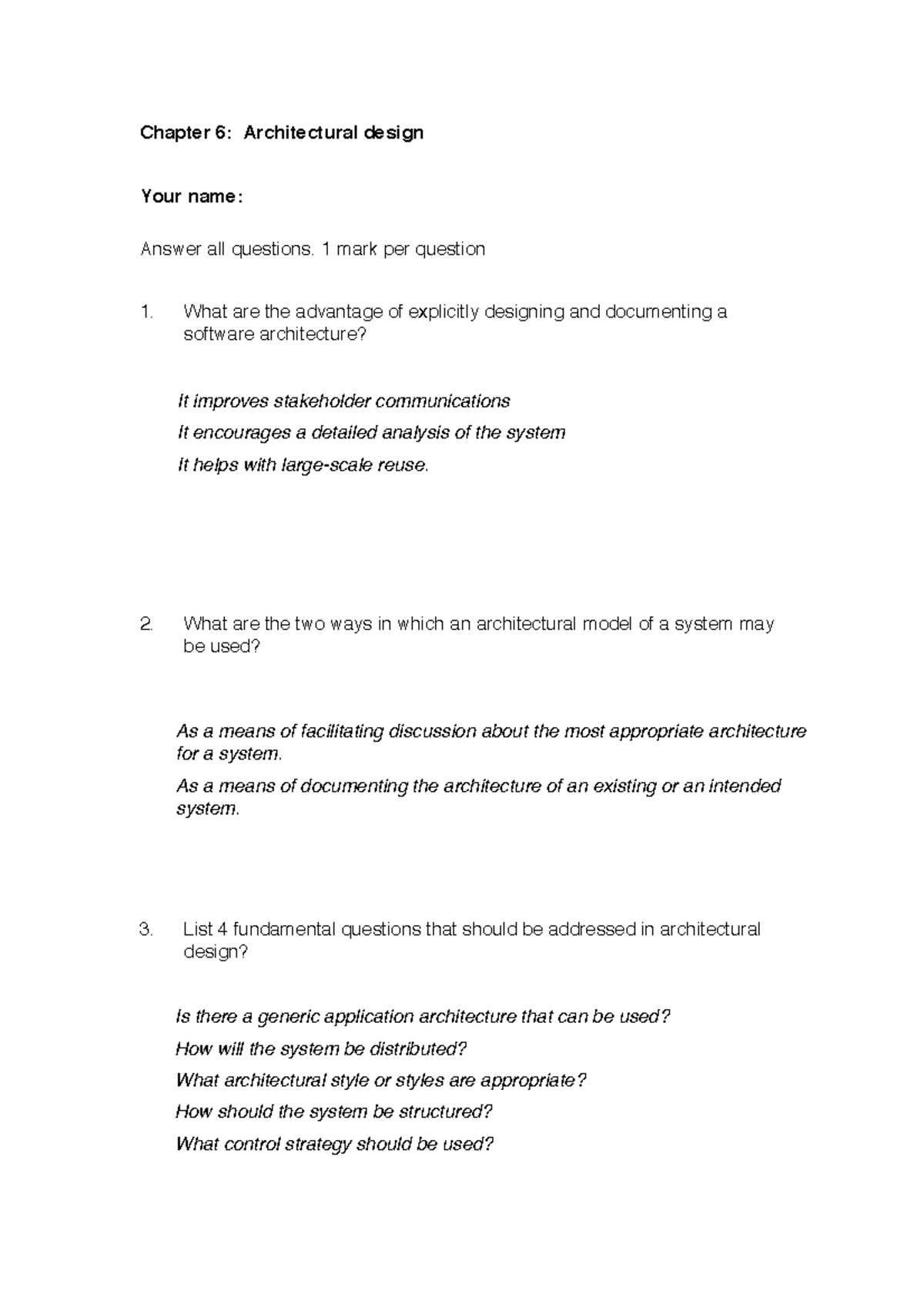 Ch6 Quiz Solutions: Architectural Design Fundamentals - Studocu