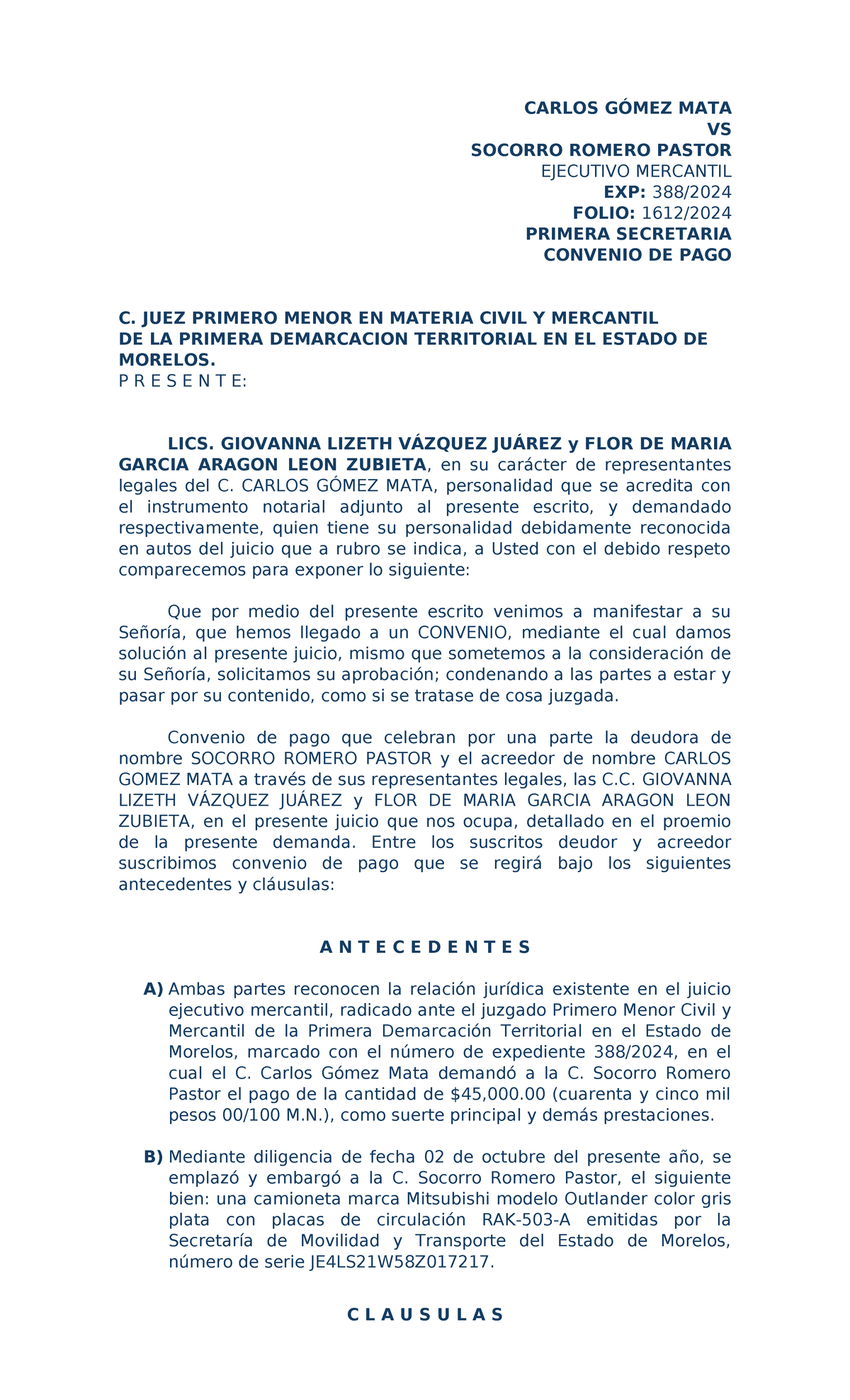 Convenio de Pago entre Carlos Gómez Mata y Socorro Romero Pastor - Exp ...