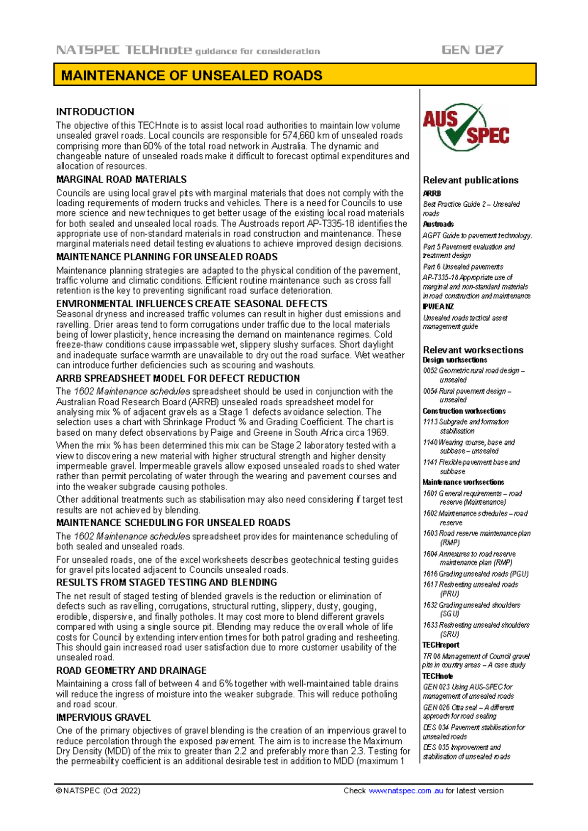 NTN GEN 027 Unsealed Roads Maintenance Guidance and Best Practices ...
