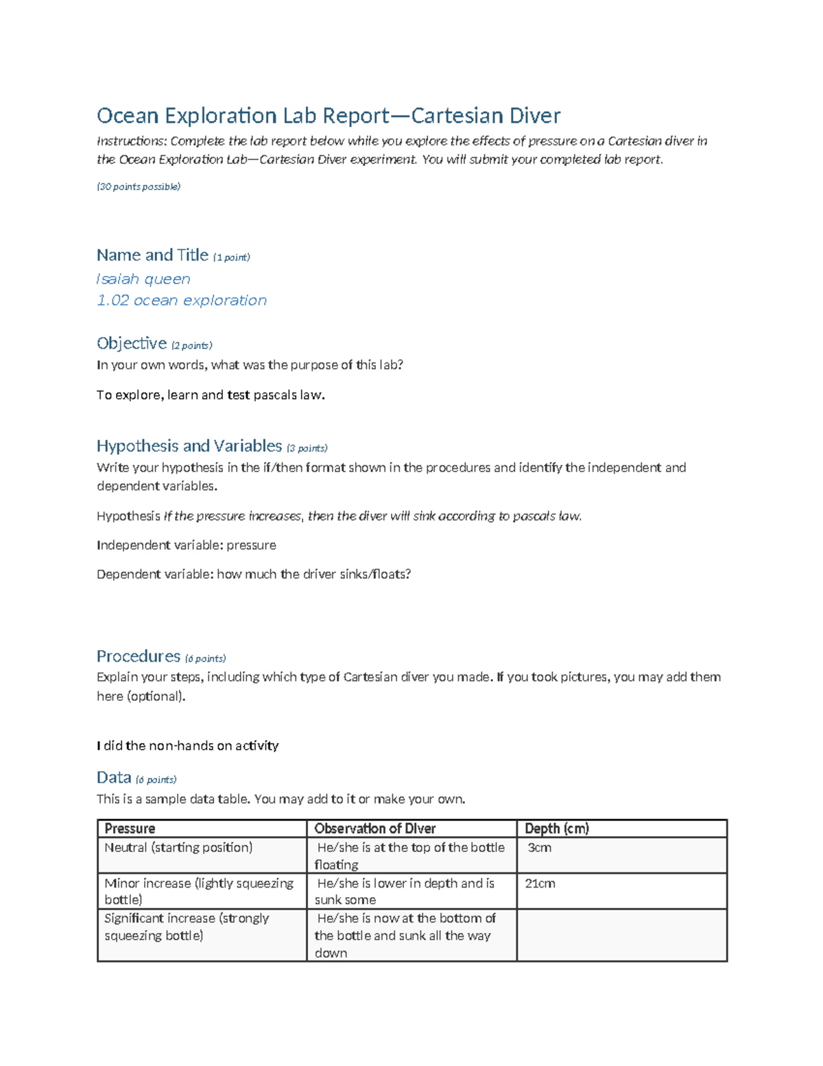 1.02 Ocean Exploration Lab Report: Effects of Pressure on Cartesian ...