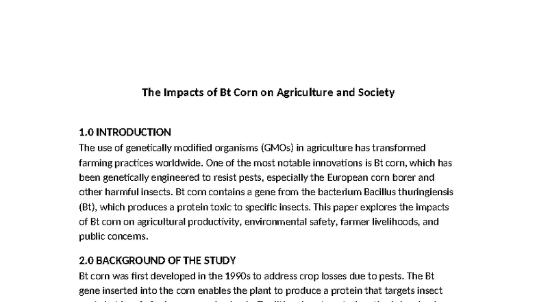 Bt Corn and Its Effects on Agriculture and Society - Research Paper ...