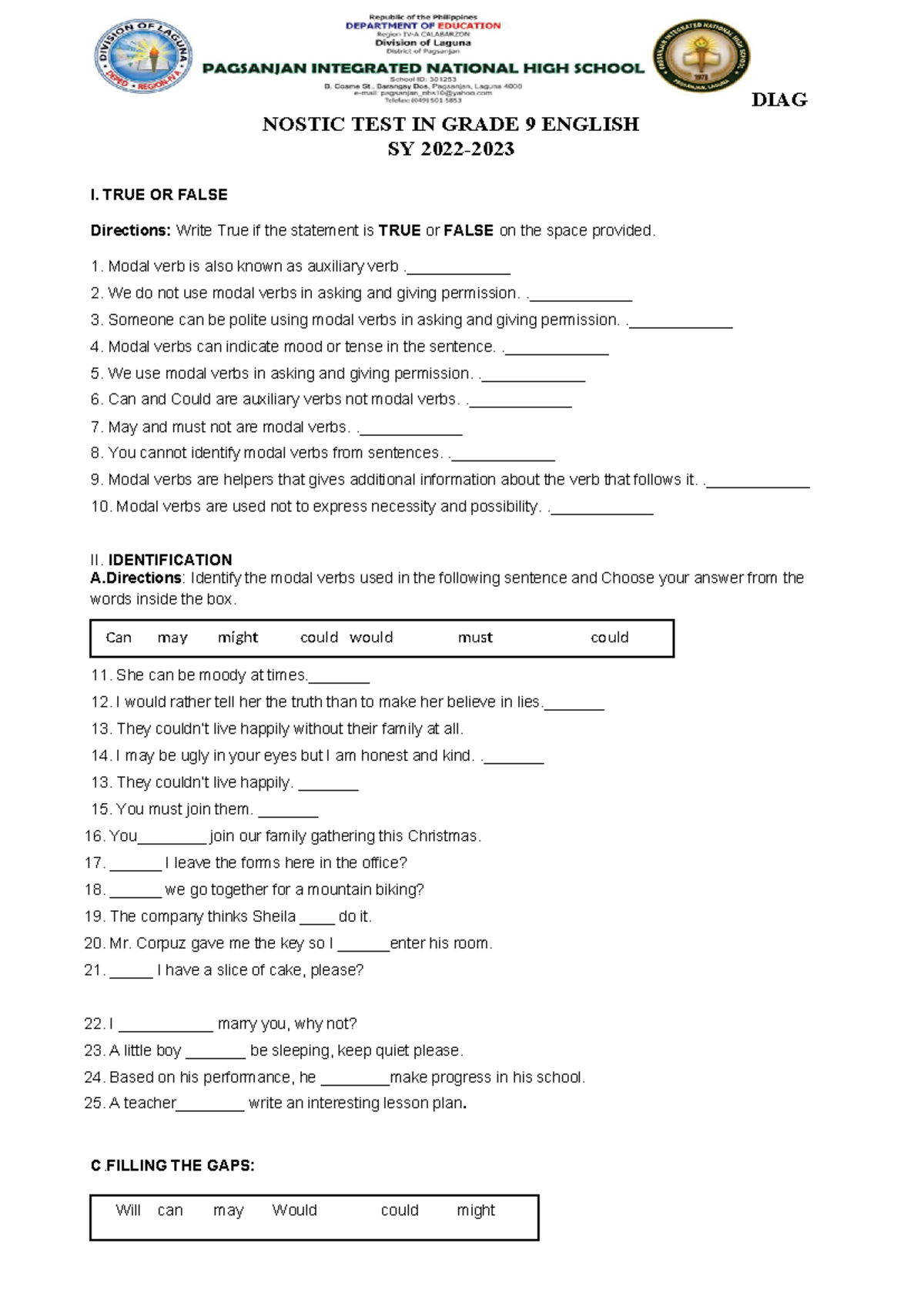 Diagnostic TEST - test - DIAG NOSTIC TEST IN GRADE 9 ENGLISH SY 2022- I ...