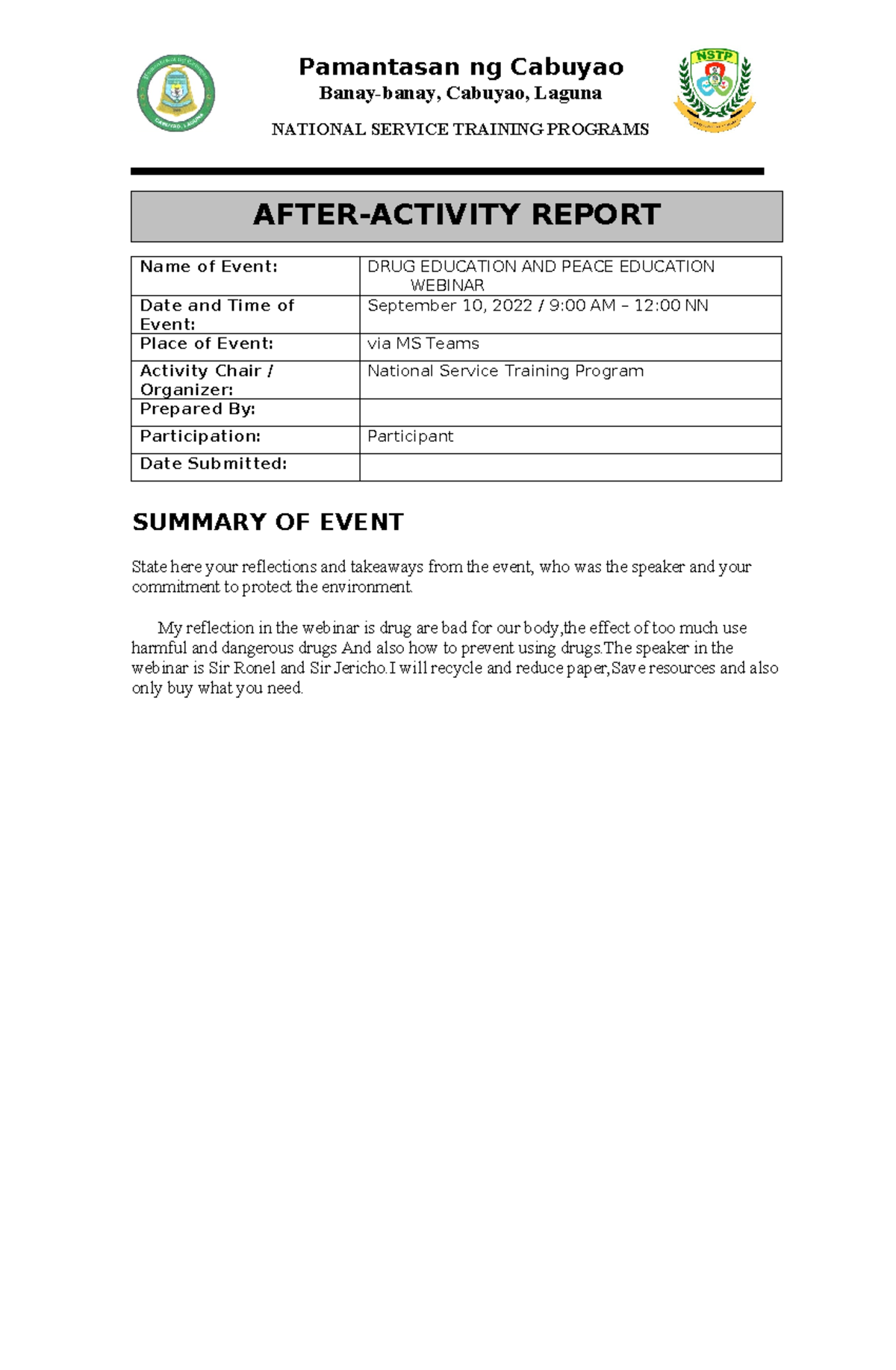 After-activity-report- Drug Education and Peace Education - AFTER ...