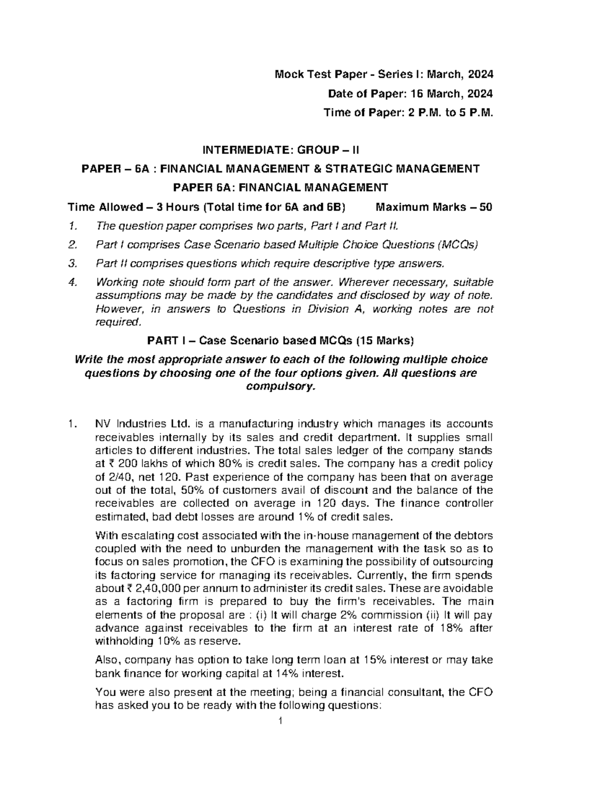 MTP1 FM SM M24 - Mock Test Paper Series I for Financial Management ...