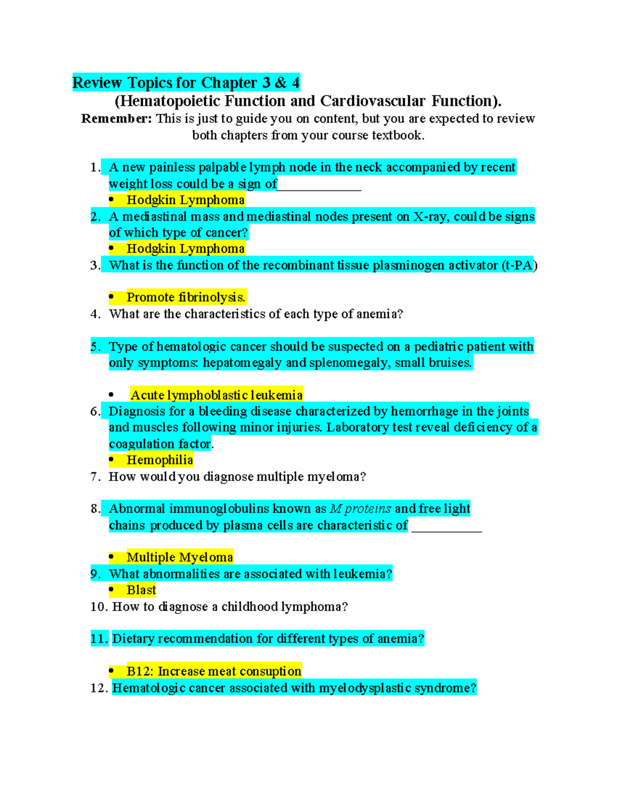 Review Topics Chapter 3 & 4 NUR 502 Advanced Patho - Review Topics for ...