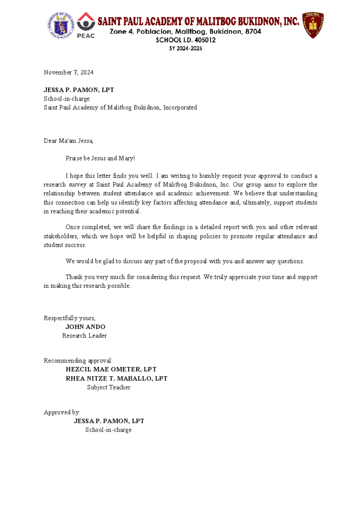 Letter for request - Notes - JESSA P. PAMON, LPT School-in-charge Saint ...