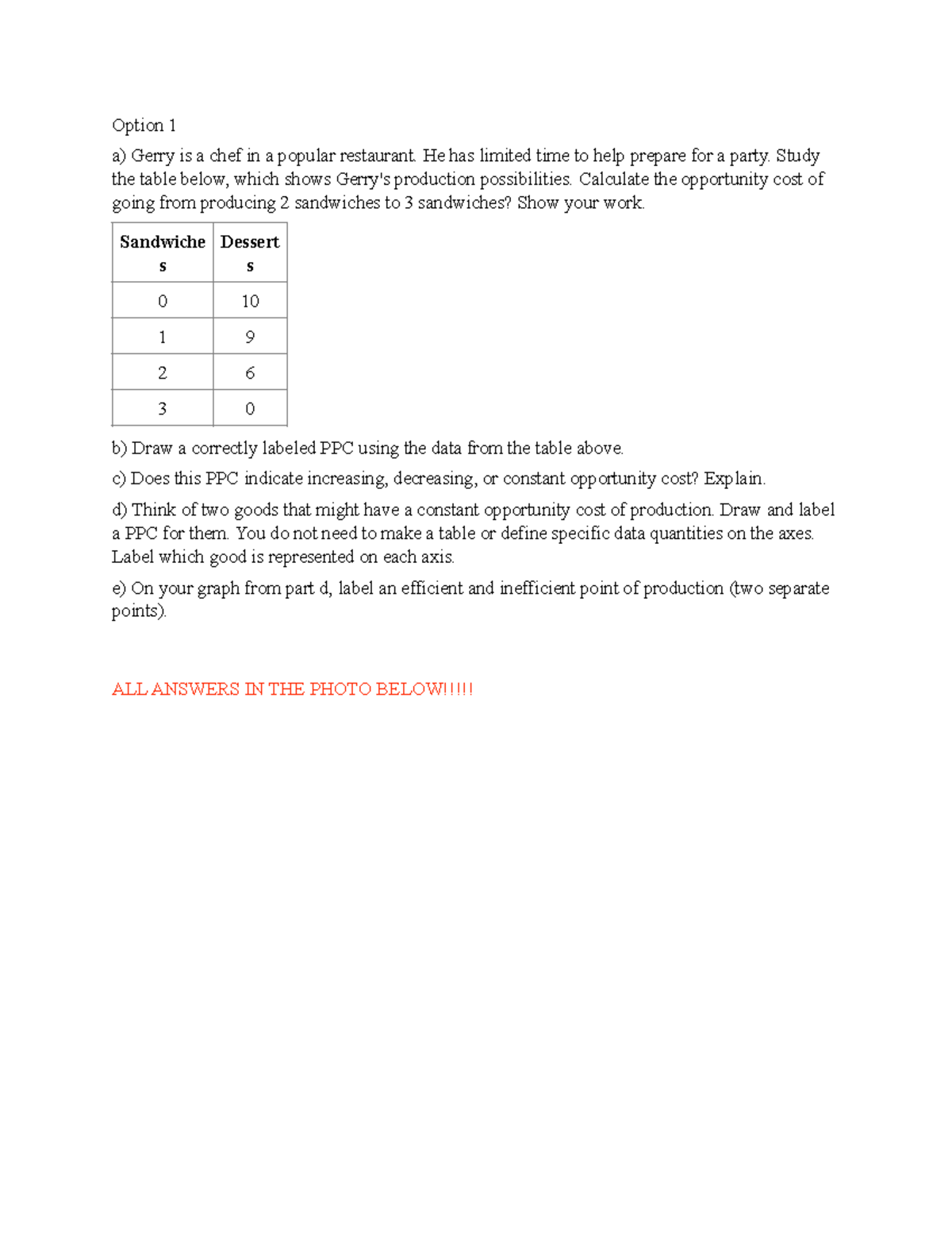 PPC Analysis and Opportunity Cost Calculation for Option 1 (01 03 04 ...
