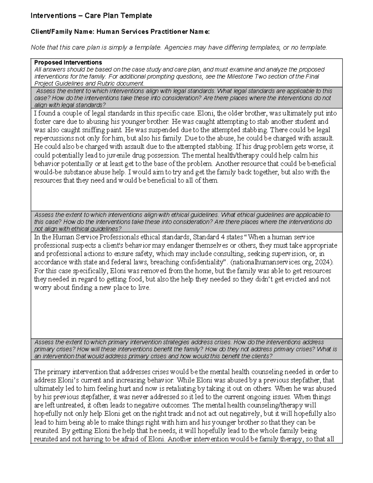 4-2 Human Services Care Plan: Analyzing Interventions and Legal ...