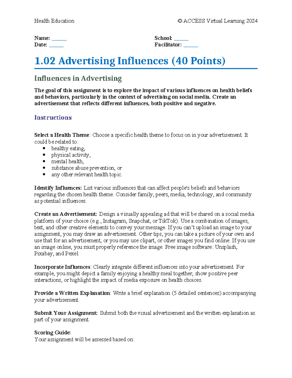 Health Education 01-02 Task: Advertising Influences on Health - Studocu