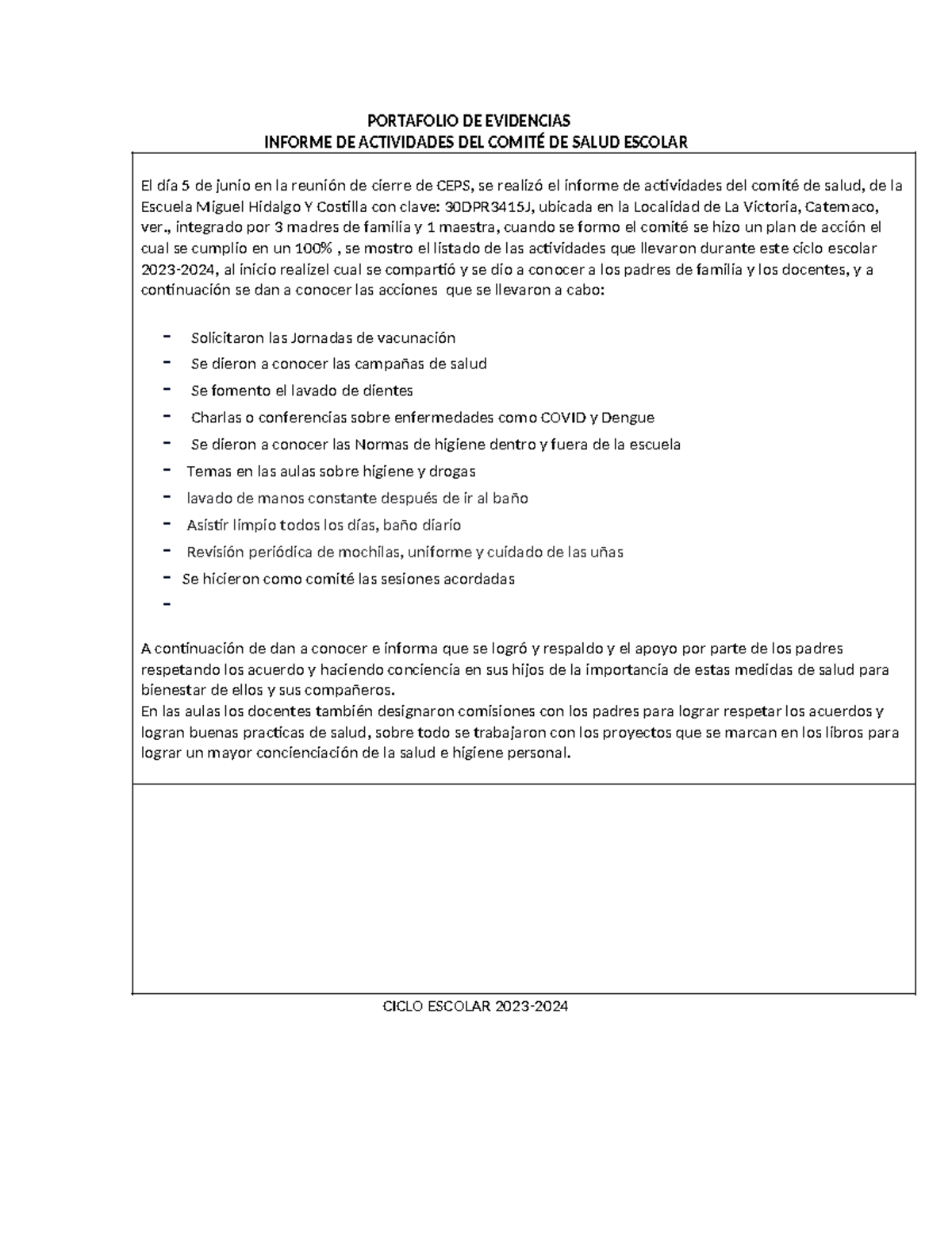 Informe de Actividades del Comité de Salud Escolar 2023-2024 CEPS - Studocu