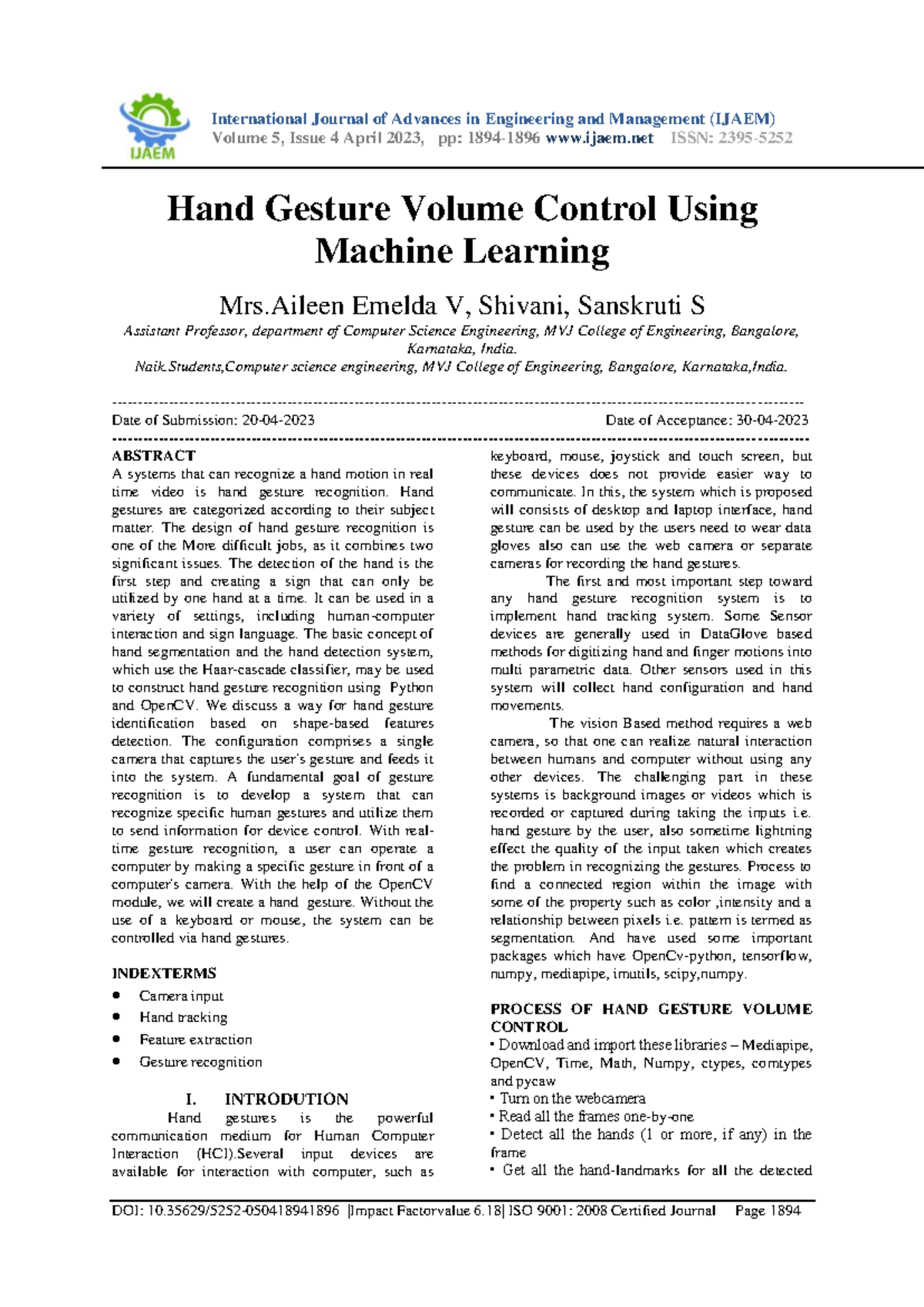 Hand Gesture Volume Control Using ML - IJAEM Vol 5, Issue 4 - Studocu