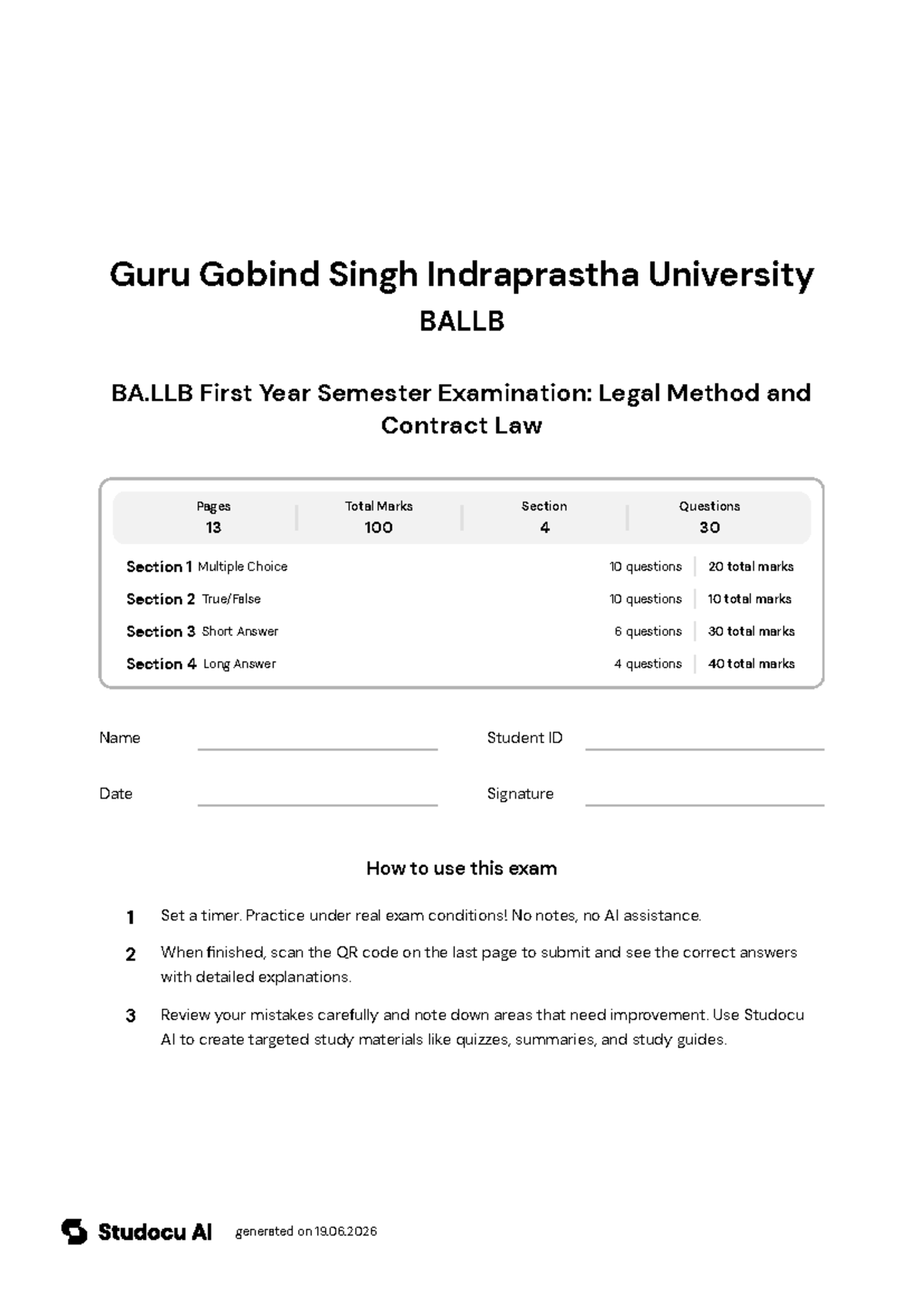 BA.LLB First Year Exam: Legal Method & Contract Law - Studocu