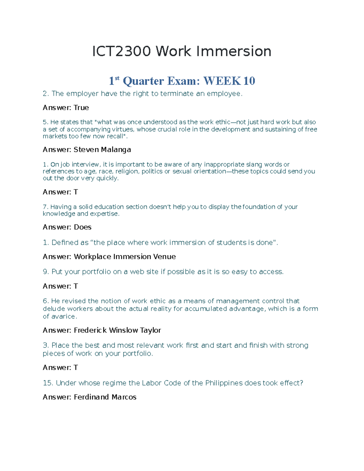 ICT2300 Work Immersion: WEEK 10 Exam Review and Answers - Studocu