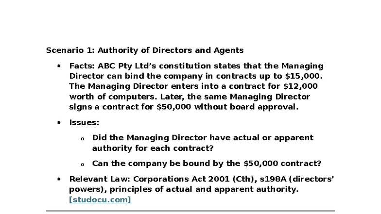 Practice Scenarios - Corporate Law (CL 101) - Studocu
