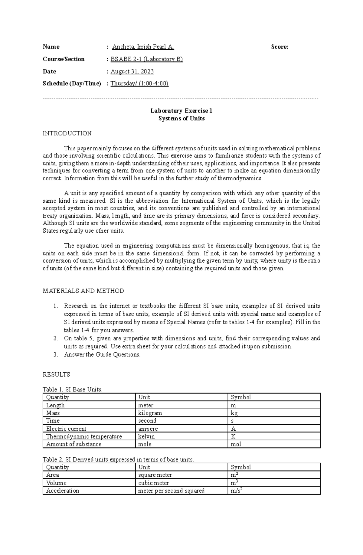 Laboratory Exercise 1: Understanding Systems of Units in BSABE 2-1 - Studocu