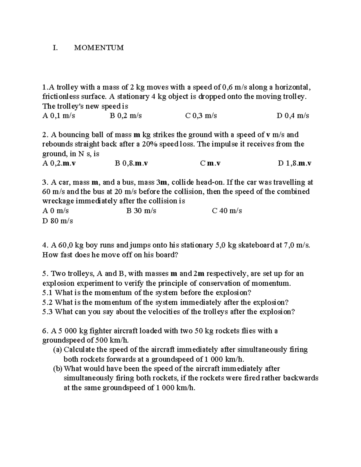 Momentum - Physics Questions and Calculations (Final Exam) - Studocu