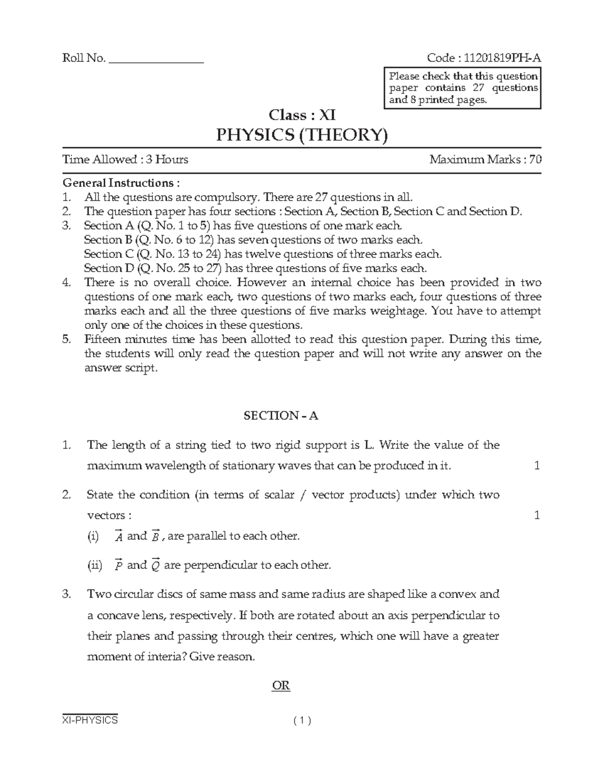 Physics XI - Theory Question Paper (Max Marks: 70) - Studocu