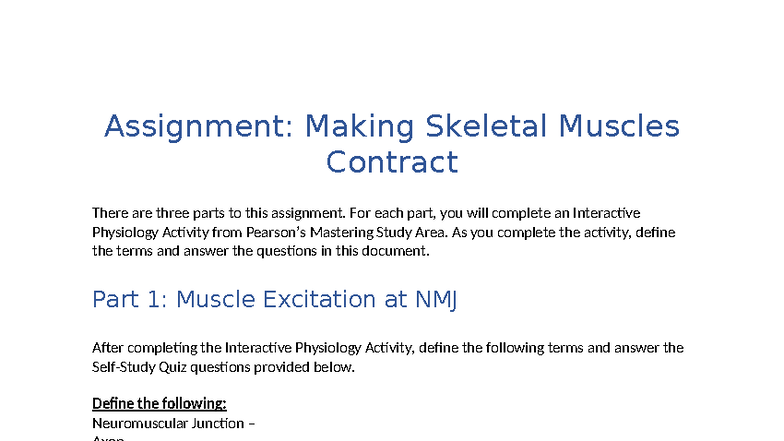 Assignment: Skeletal Muscle Contraction Study Guide - Studocu