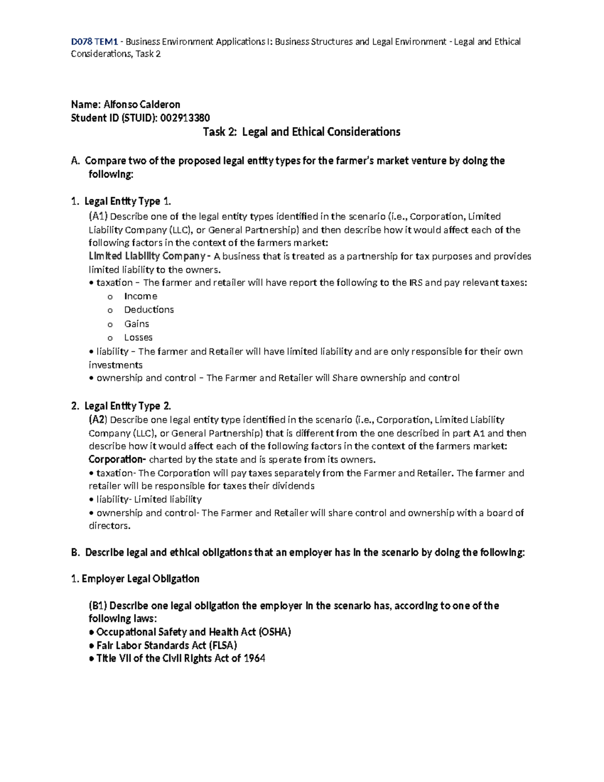 D078 TEM1 Task 2 - Legal & Ethical Considerations in Business ...