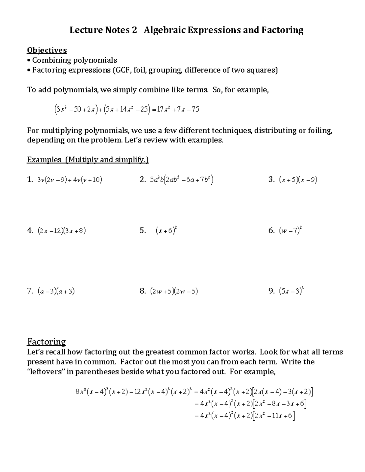 Lecture Notes 2: Algebraic Expressions & Factoring Techniques - Studocu
