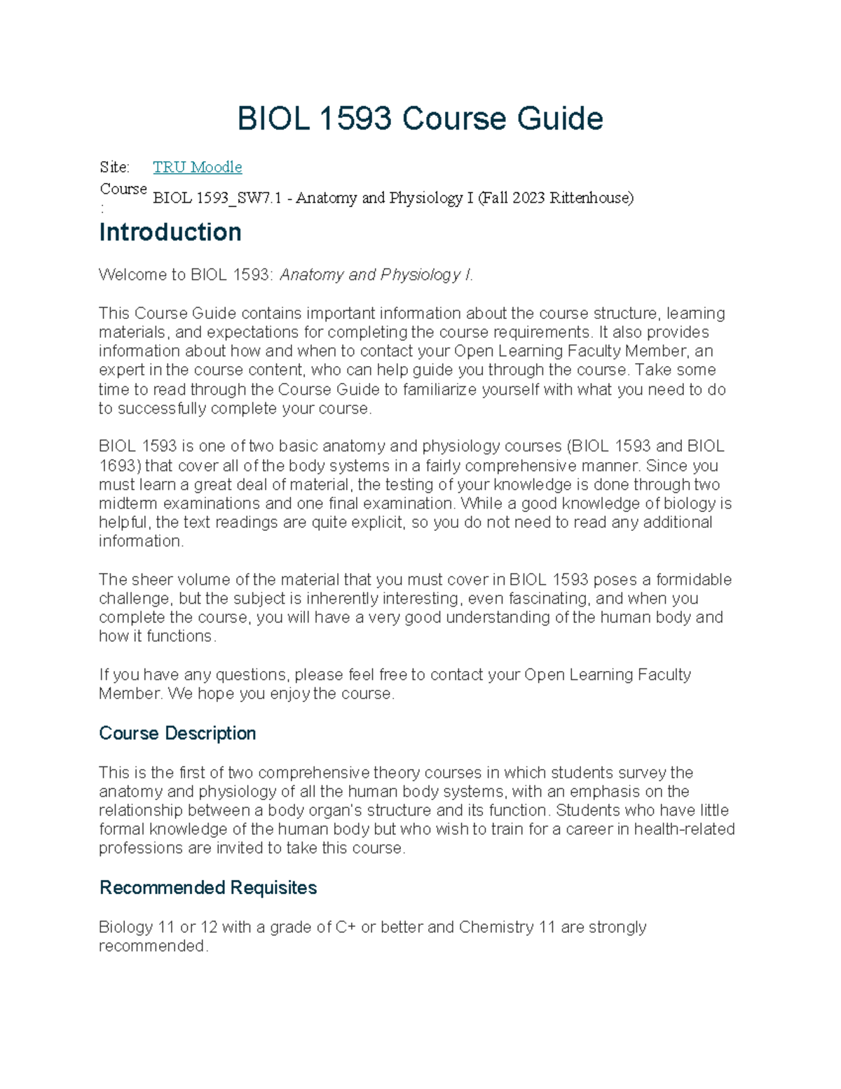 BIOL 1593 Course Guide: Anatomy and Physiology I Overview (Fall 2023 ...
