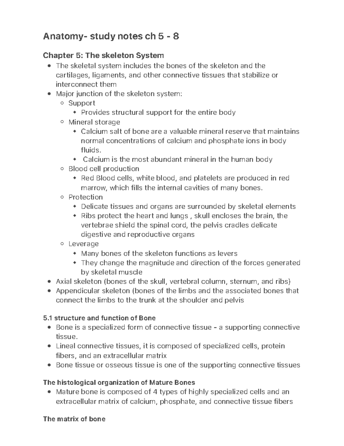 Anatomy Study Notes for Chapters 5-8: The Skeletal System Overview ...