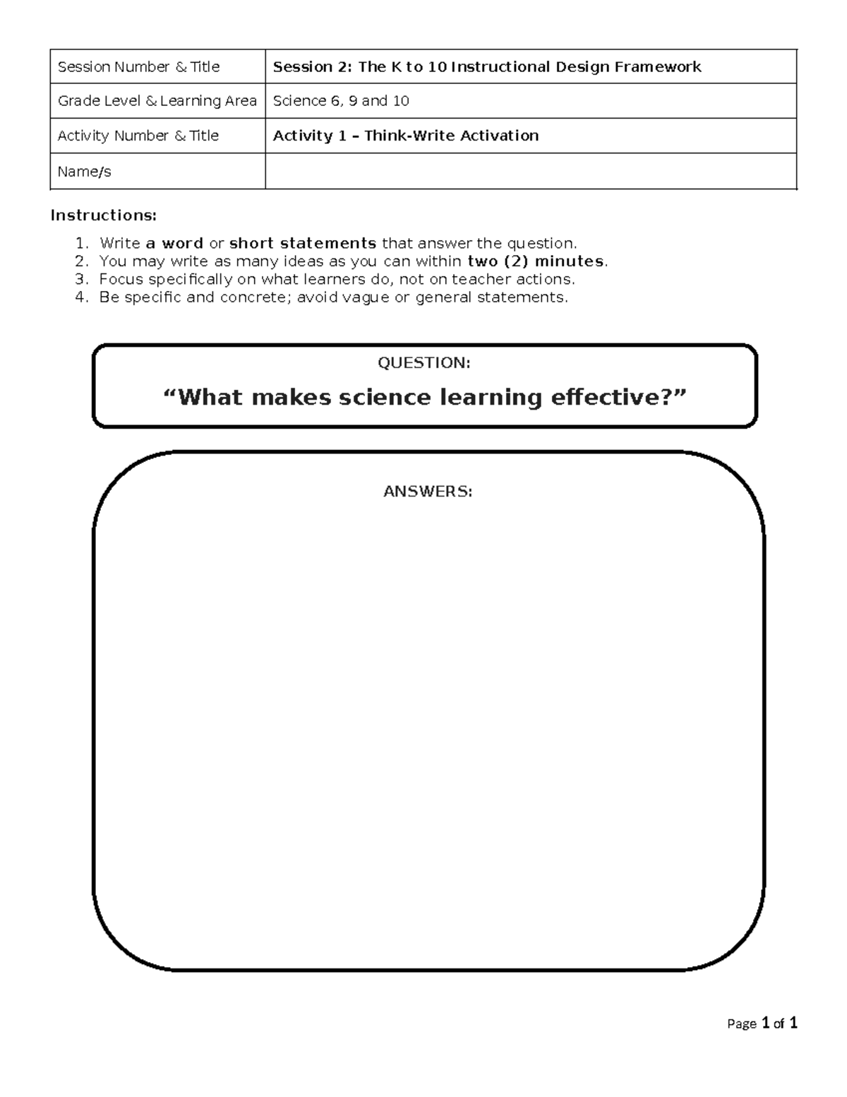 Worksheet 1 Science Session 2 - Session Number & Title Session 2: The K ...