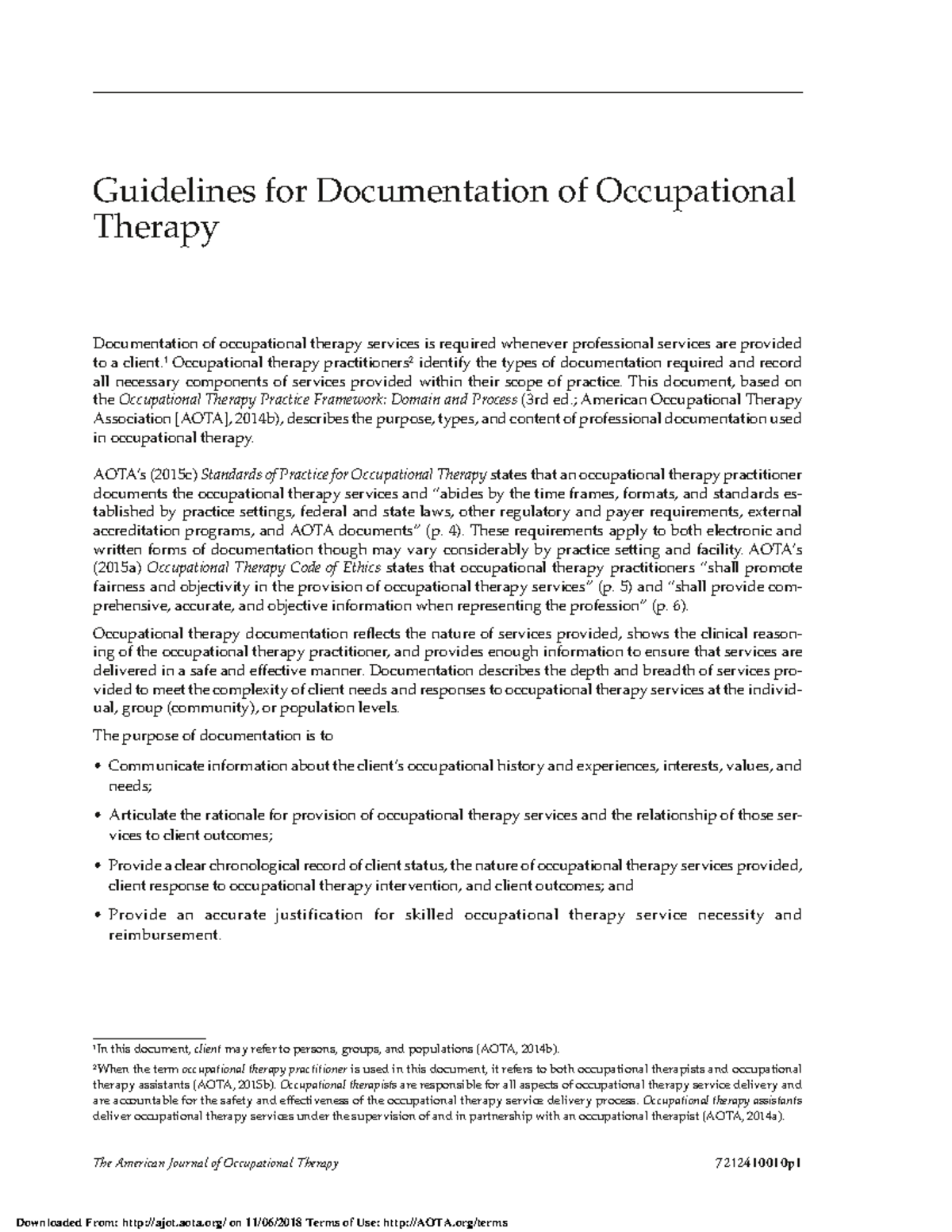 AOTA Guidelines for Documentation of Occupational Therapy - Guidelines ...