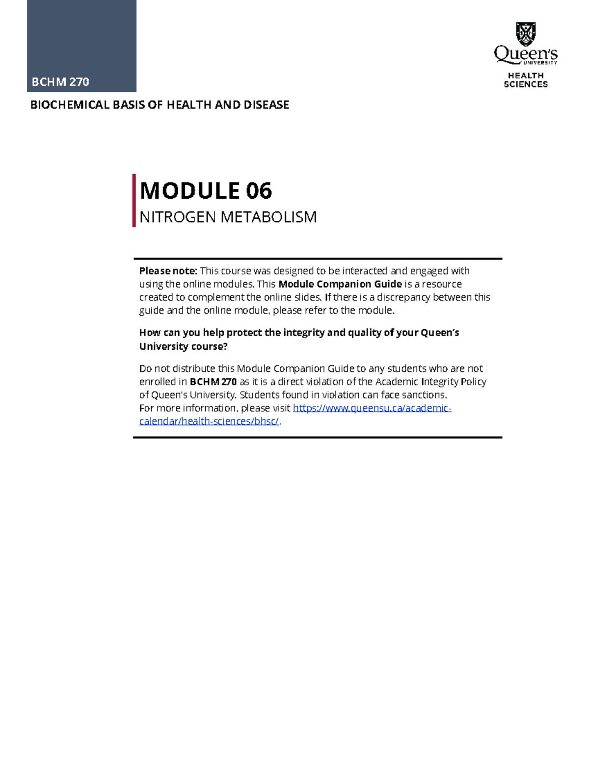 BCHM270 M06 OL on Q Companion Guide - oiw MODULE 06 NITROGEN METABOLISM ...