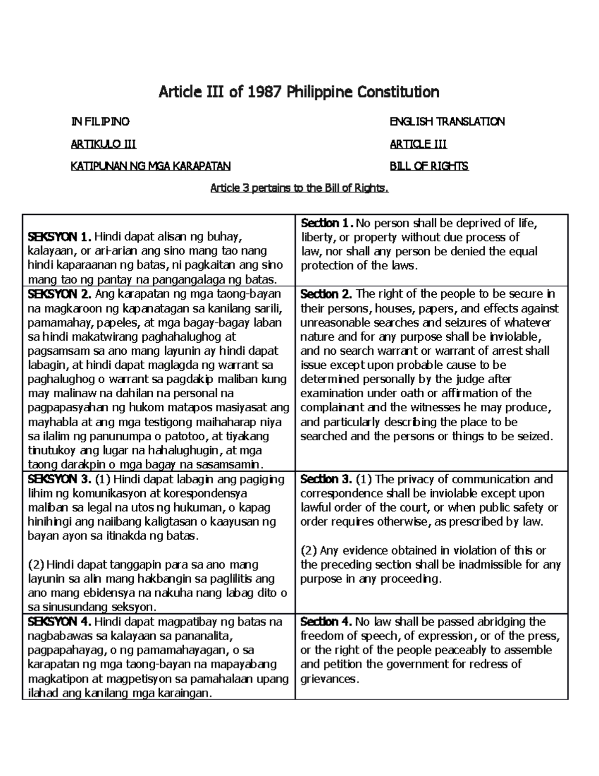 Article III BILL OF Rights - Article III of 1 987 Philippine ...