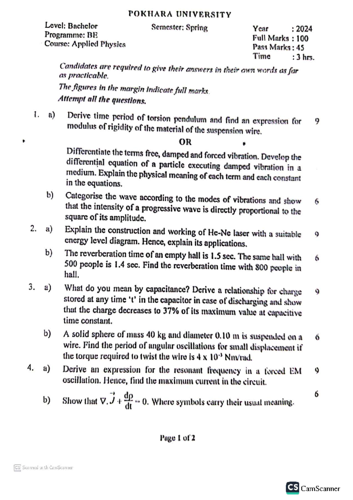 Applied Physics BE 2024 Spring Exam Questions and Solutions - Studocu