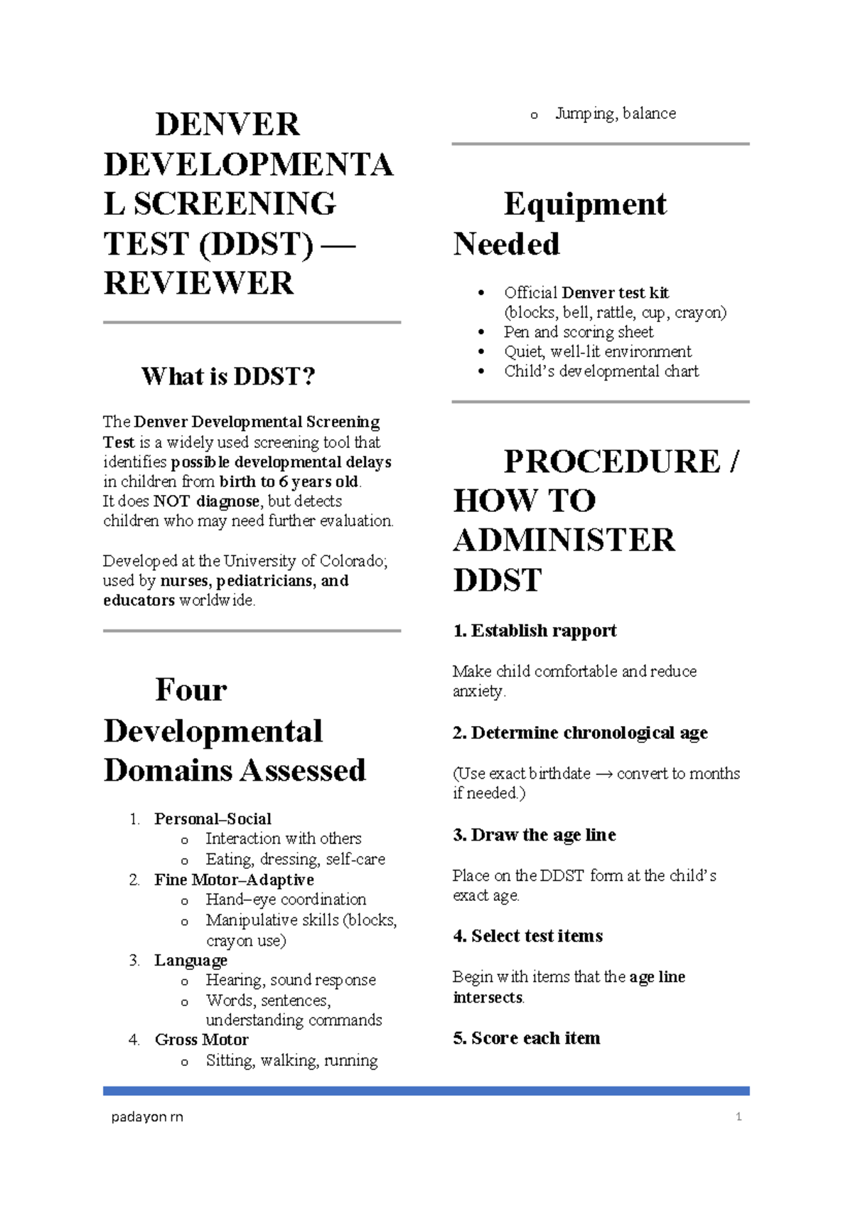 Denver Developmental Screening Test (DDST) Overview and Administration ...